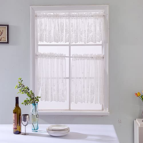 Popuid Seim Sheer Kitchen Cafe Window Curtains Valance Lace Floral Embroidered Curtain Topper for Small Windows Decor (White, 1 Piece-54W*24H)