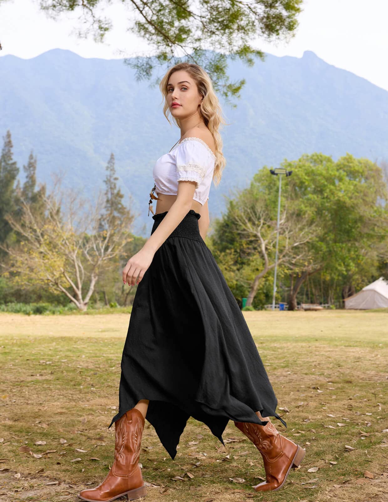 Women Handkerchief Hem Smocked Waist Maxi Skirt with Pockets Plus Size Black XXL