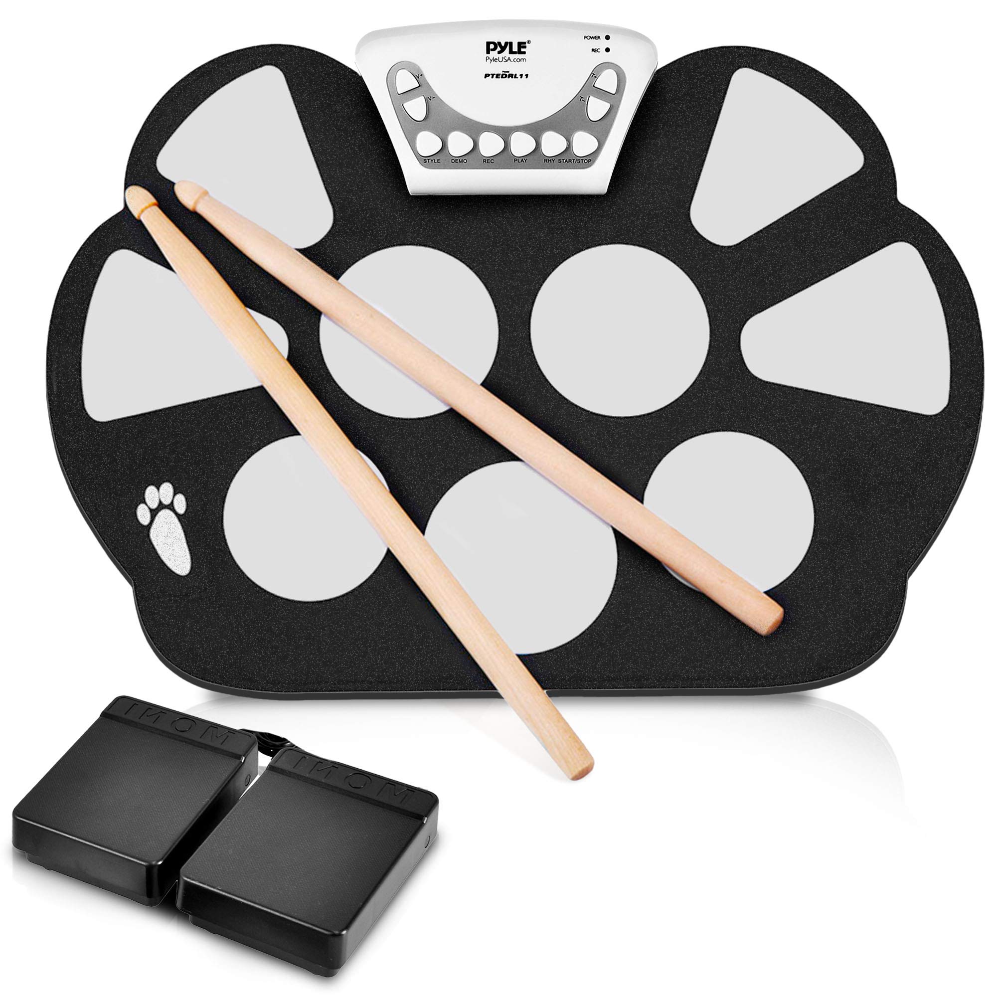 Pyle Compact & Ultra-Thin Portable Machine w/ 9 Electronic Pads, Foot Pedals, Drumsticks, & Power Supply Tabletop Roll, Loaded Drum Electric Kits & Songs (PTEDRL11.5)