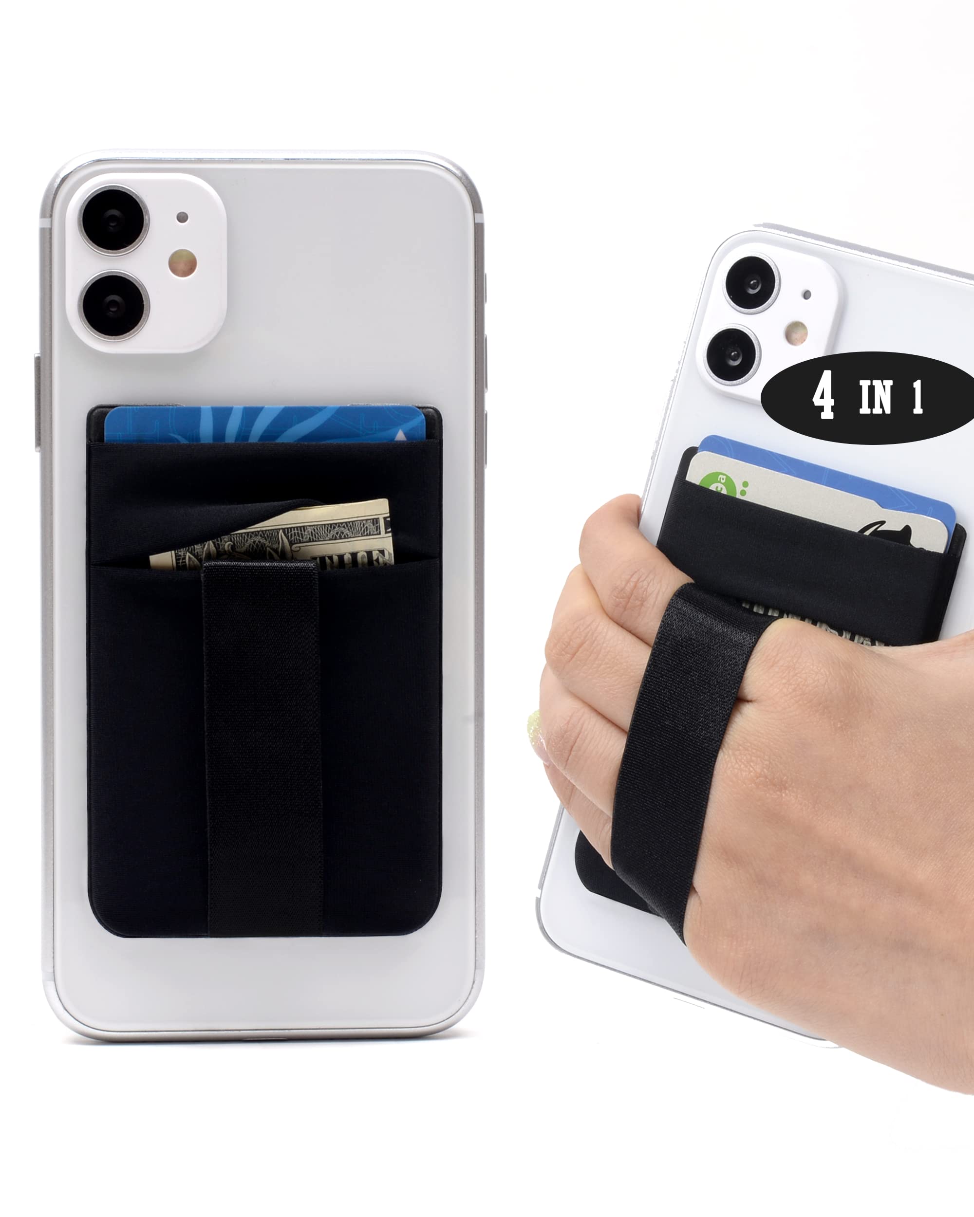 polifall Cell Phone Card Holder Stick On Wallet Sleeve Back - Double Pocket + Finger Grip Strap Loop + Metal Plate for Magnet Mount + RFID Block for iPhone, Galaxy, Android, Mobile - Black