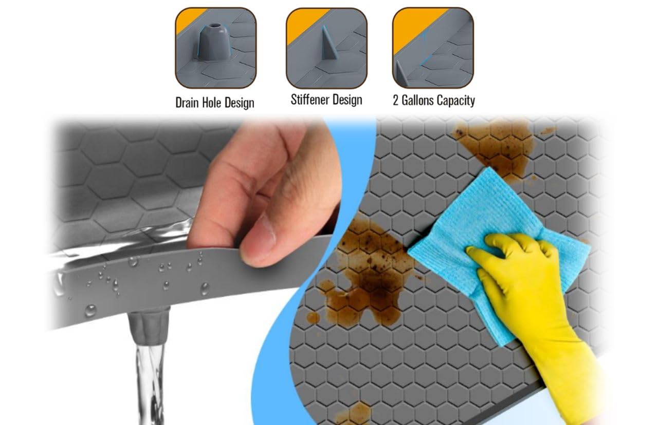 Spill Agent Under Sink Mat, 34’’ x 22’’under sink mats for kitchen Waterproof Silicone Sink Cabinet Protector Mat with Drain Hole,Flexible Sink Drip Tray,Free Cleaning Brush,for Kitchen,Bathroom,Grey,