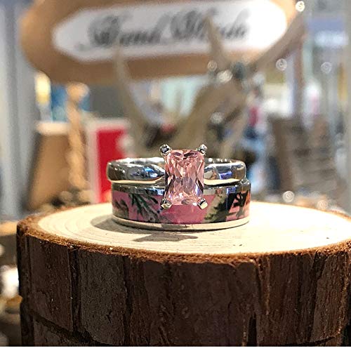 Pink Women`s Stanless Steel Camo and Sterling Silver Tourmaline Engagement Wedding Rings Set (9)