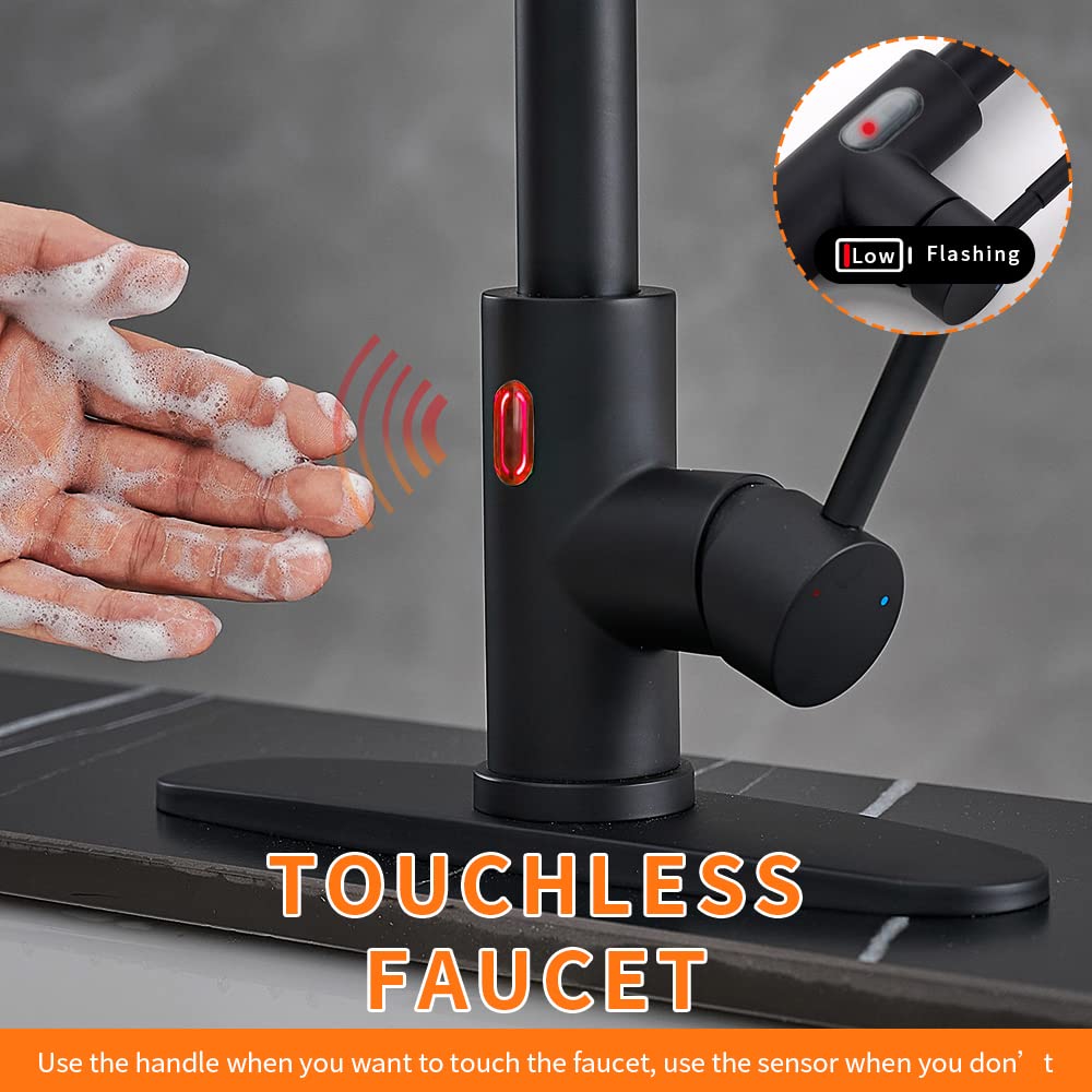 OWOFAN Touchless Kitchen Faucet with Pull Down Sprayer LED Light Single Handle Kitchen Sink Faucet Motion Sensor Smart Hands-Free, Stainless Steel Black 1078R