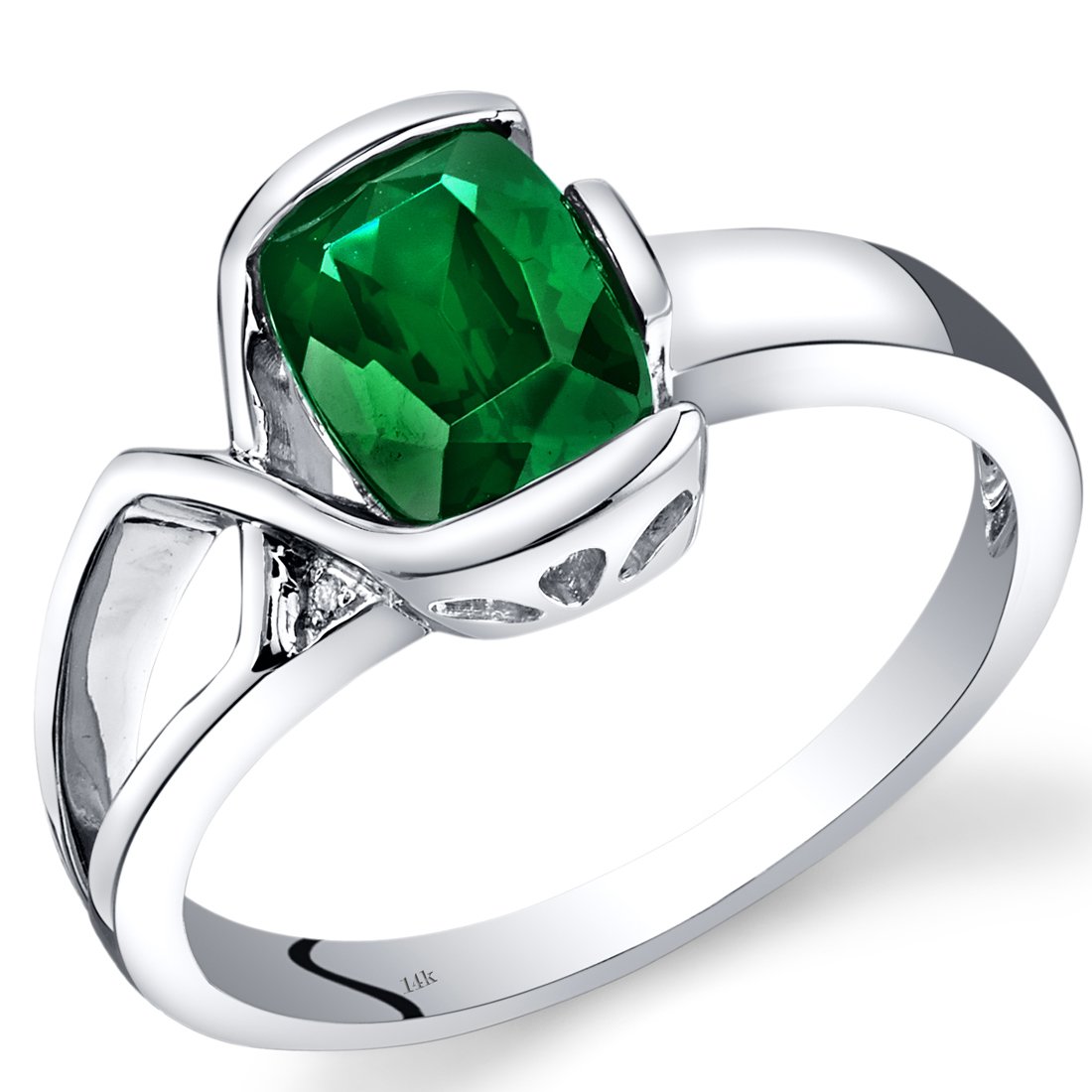 PEORA Created Emerald with Genuine Diamond Accent Classic Solitaire Gallery Ring for Women 14K White Gold, 1.26 Carats total, Cushion Cut 8x6mm, AAA Grade