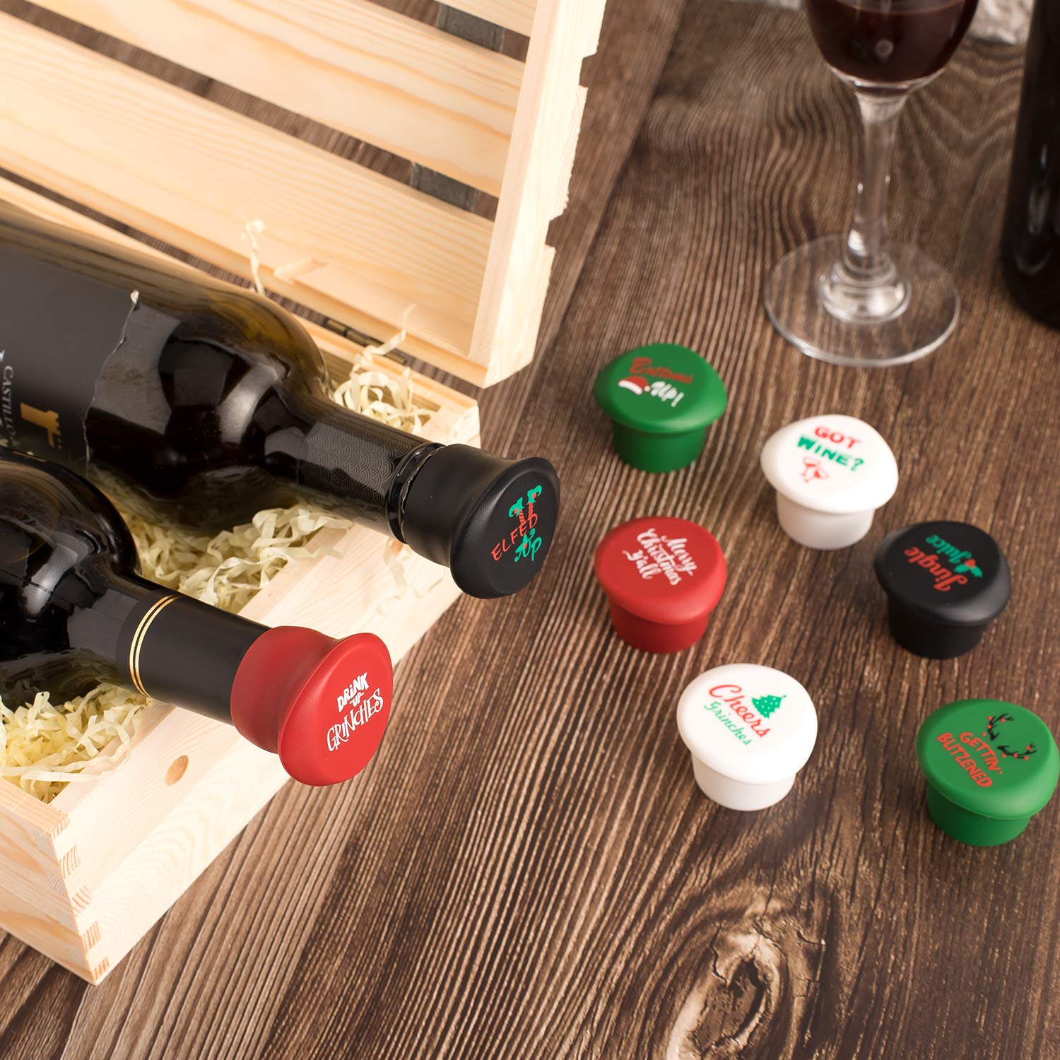 Whaline 8 Pack Christmas Wine Bottle Stoppers and Gift Box, Funny Silicone Reusable Caps Bottle Sealers with a Funny Saying for Wine Beer Bottles