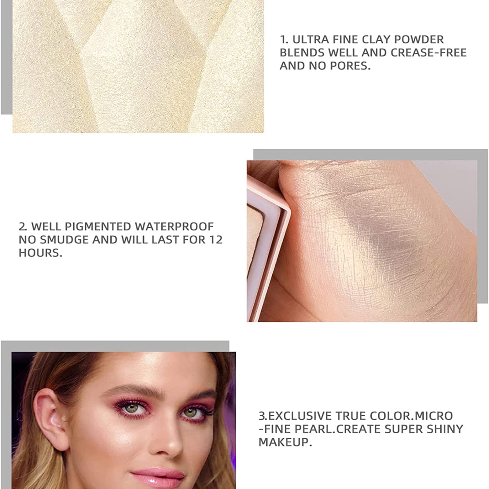 Rosarden, Powder Face Highlighter Palette, Pearl White, Shimmery Finish, Glitter Face Highlight Contouring Makeup, Silky Smooth, Palette, 0.0353 Ounce, Unisex