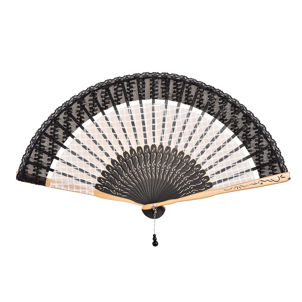 Women Lace Folding Fan Vintage Embroidery Flower Japanese Elegant Wooden Hand Fan for Wedding Party Gift (Black)