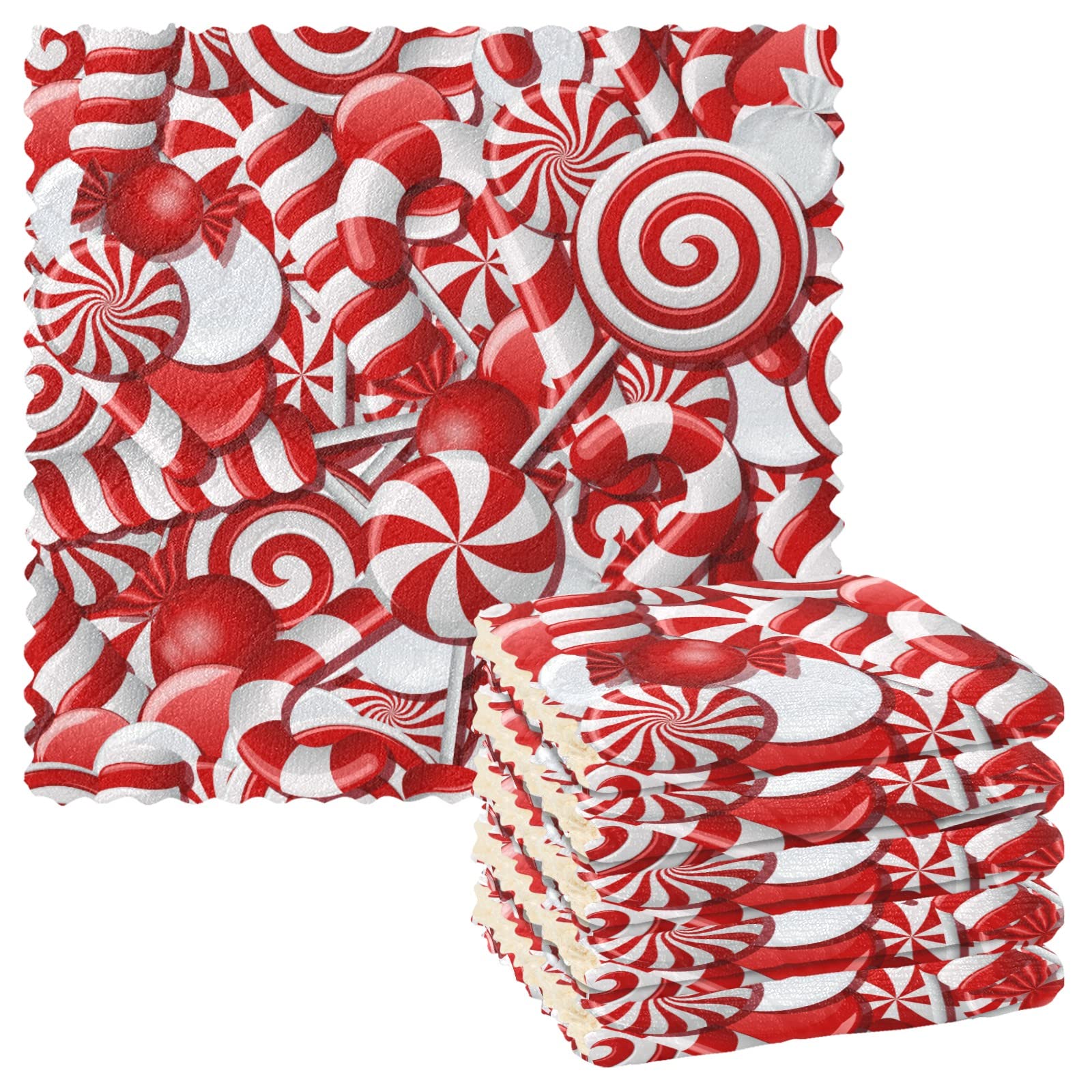 VIGTRO 6 Pack Super Absorbent Kitchen Towels,Christmas Candy Canes Premium Dish Cloths Towels, Sugar Red Sweets Gift Washable Fast Drying Dish Rags Reusable Cleaning Cloth 11x11