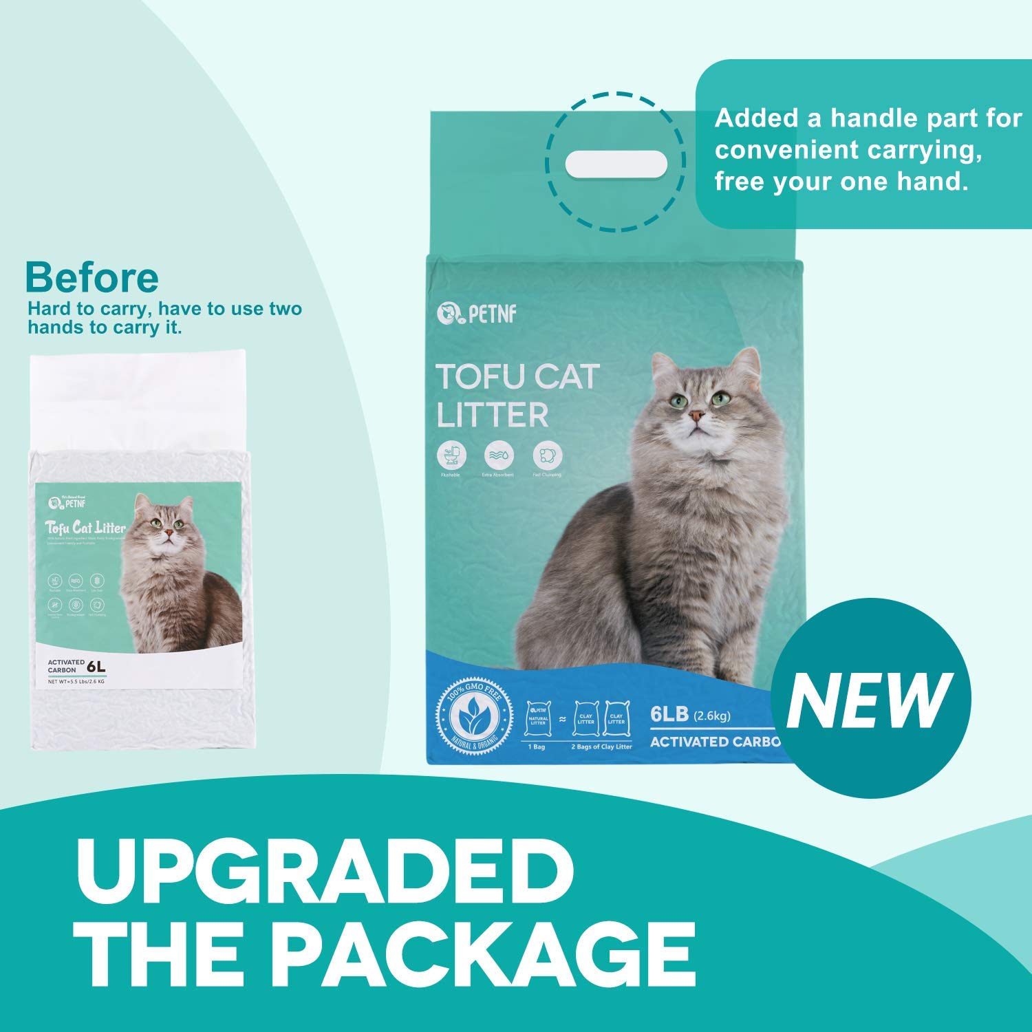petnf Tofu Cat Litter,Natural Flushable Kitten Litter Unscented,Ultra Clumping Plant Litter for Cat, Pea Flavor and Activated Charcoal Double Shot Deodorization,Zero Dust,Low Tracking,Biodegradable