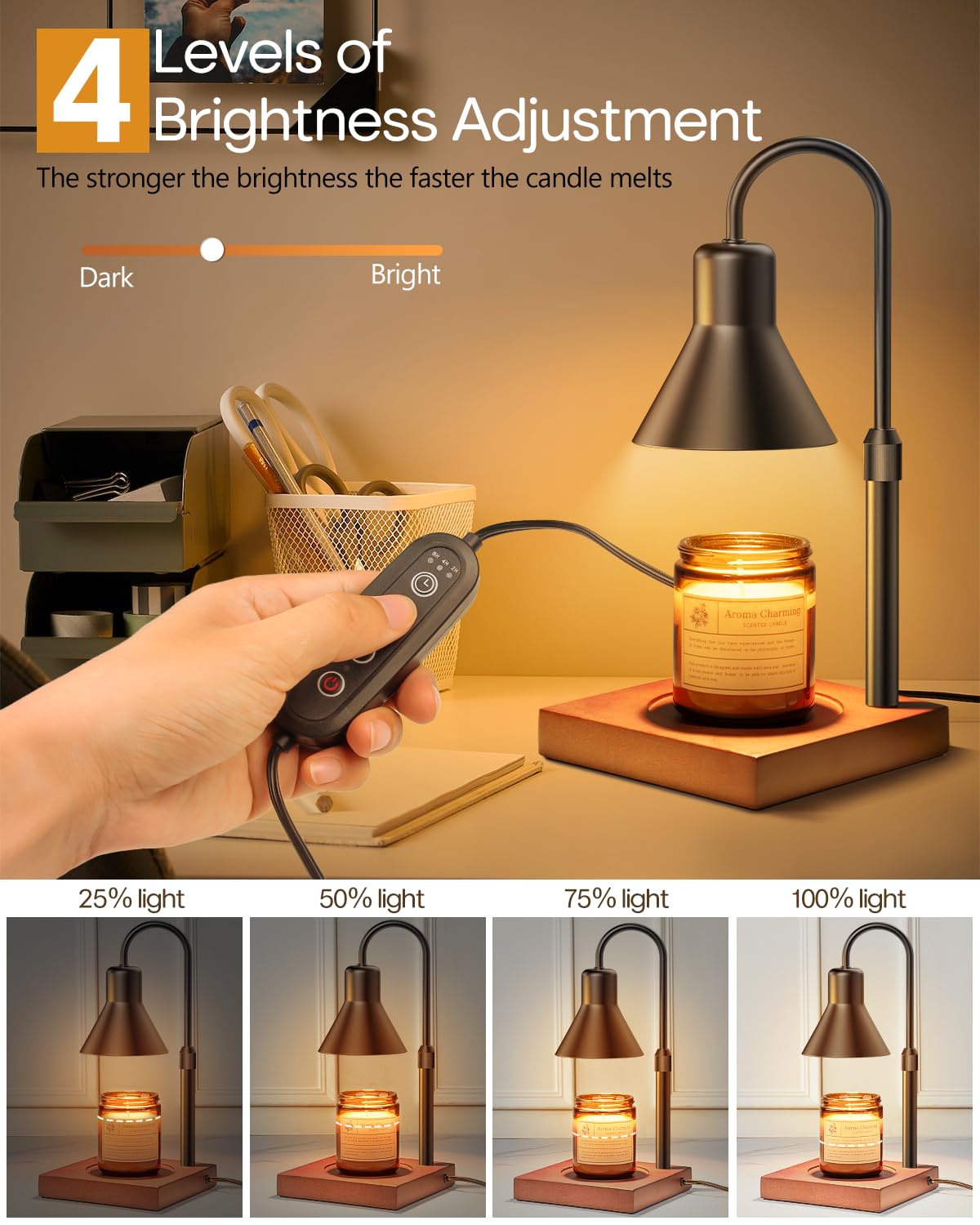 PRIORARE Candle Warmer Lamp with 2 x 50W Bulbs, 4-Gear Dimmer Electric Candle Warmer Oak Base, 2H/4H/8H Timer Candle Lamp, Scented Jar Candles Heater