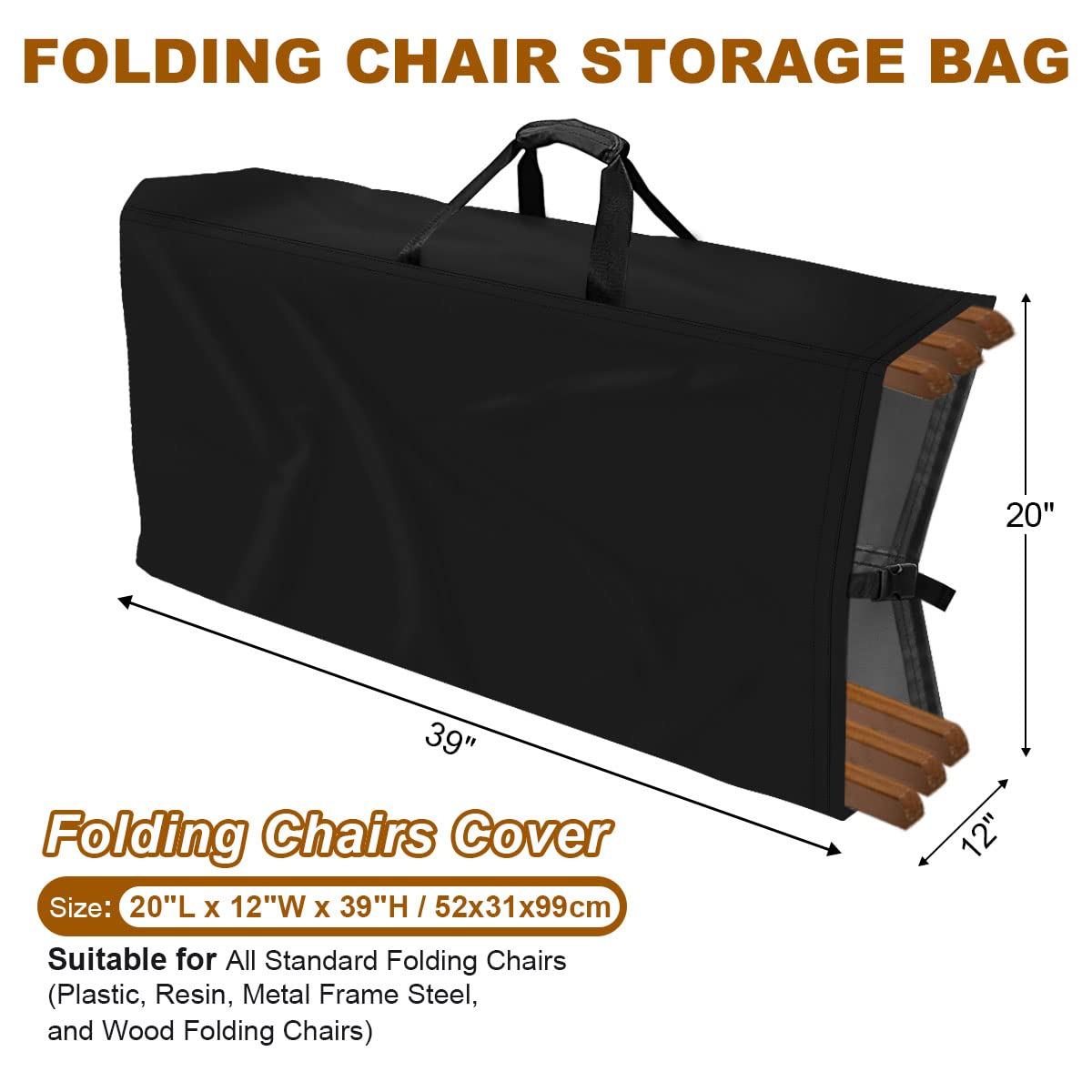 POMER Folding Chair Storage Bag for Plastic, Resin, and Wood Folding Chairs Waterproof Chair Cover with Handle for Chairs Storage and Transport - 20x12x39inch