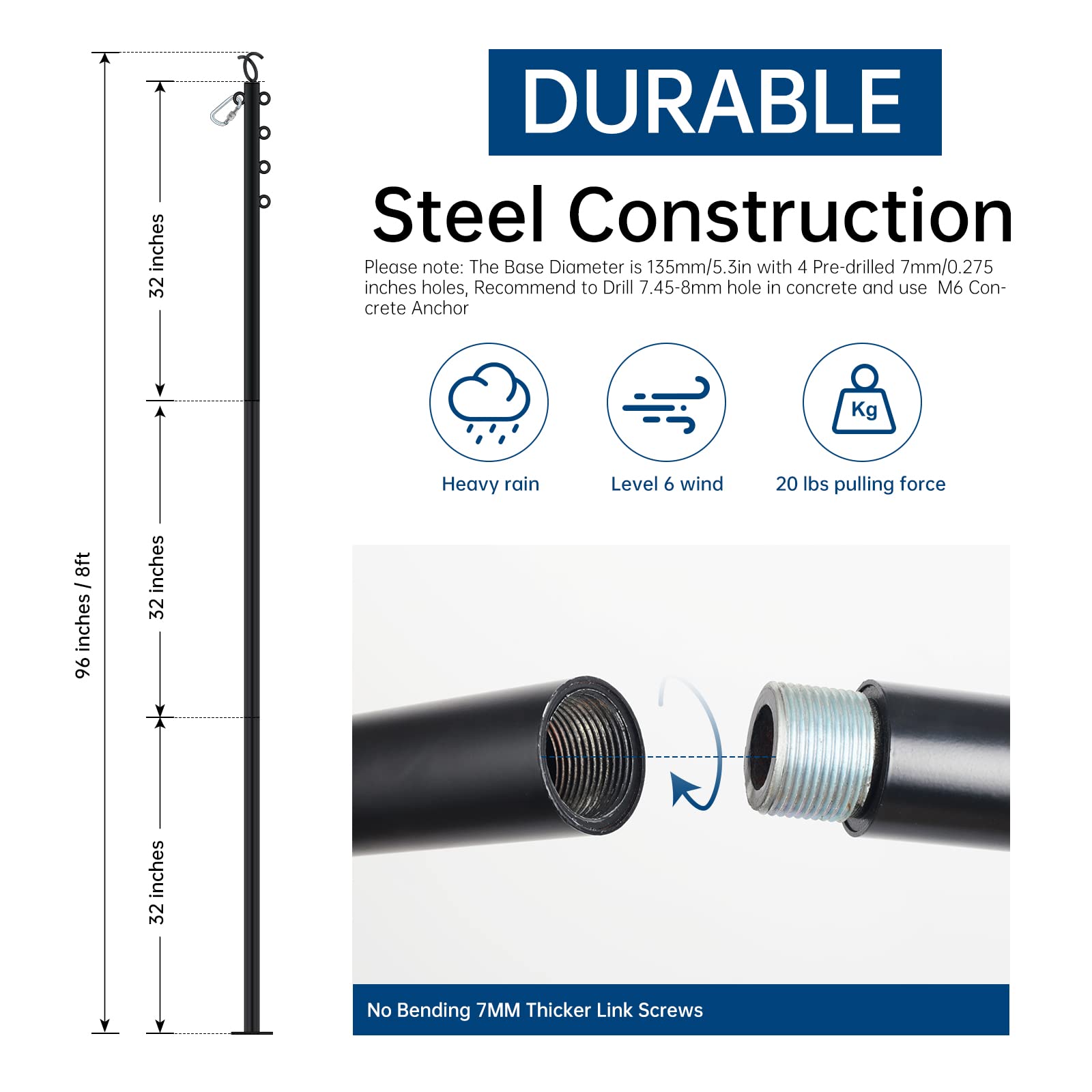 Pro 8ft Shade Sail Poles, Heavy Duty 7MM Thicken Sun Shade Poles - with 5 Welded Fixing Points for Shade Sail Canopy, Steel Post Stand with Hooks for Outdoor String Light, Patio, Backyard