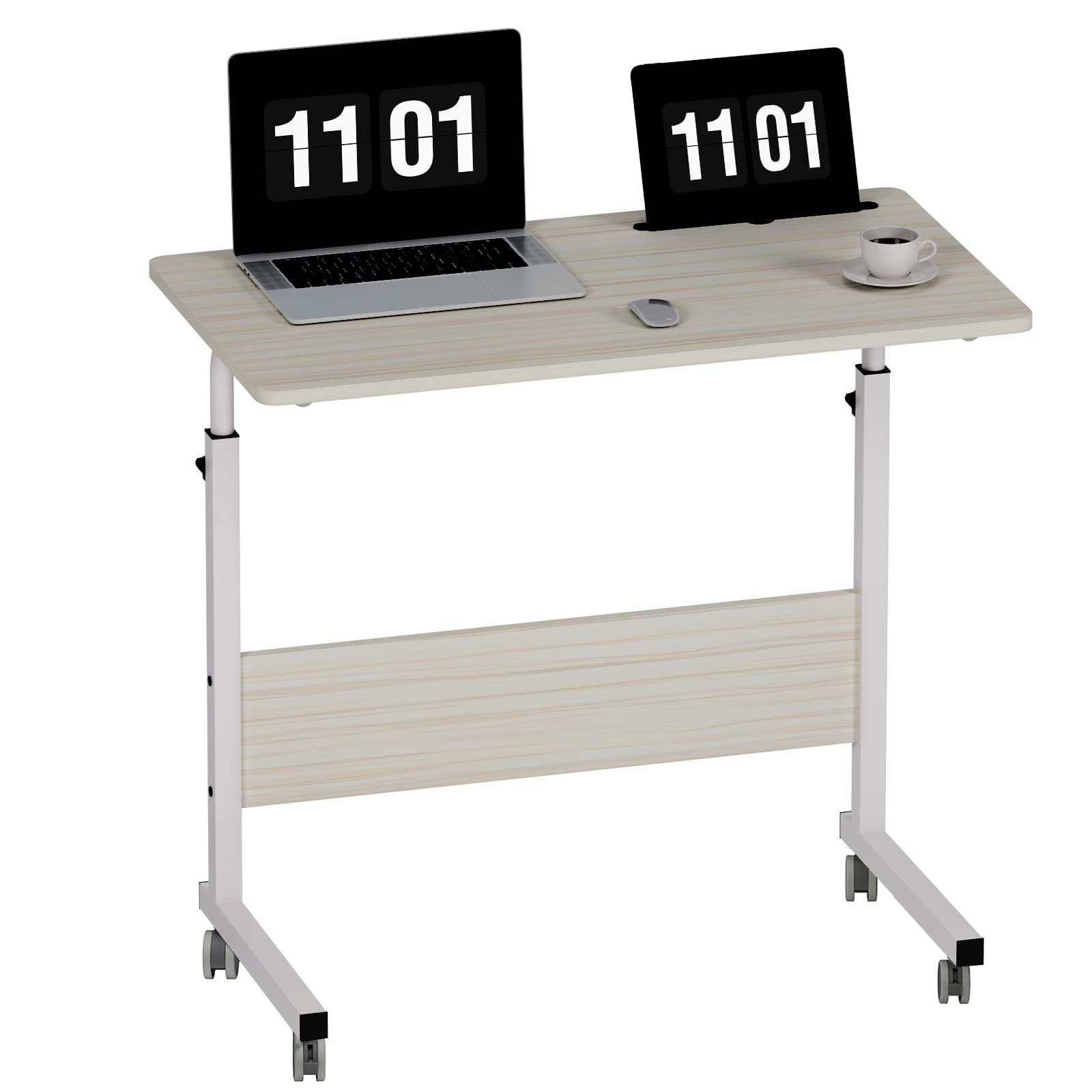SogesPower 31.5 inches Mobile Laptop Desk with Slot Adjustable Side Table Computer Stand for Bed Sofa, White Maple