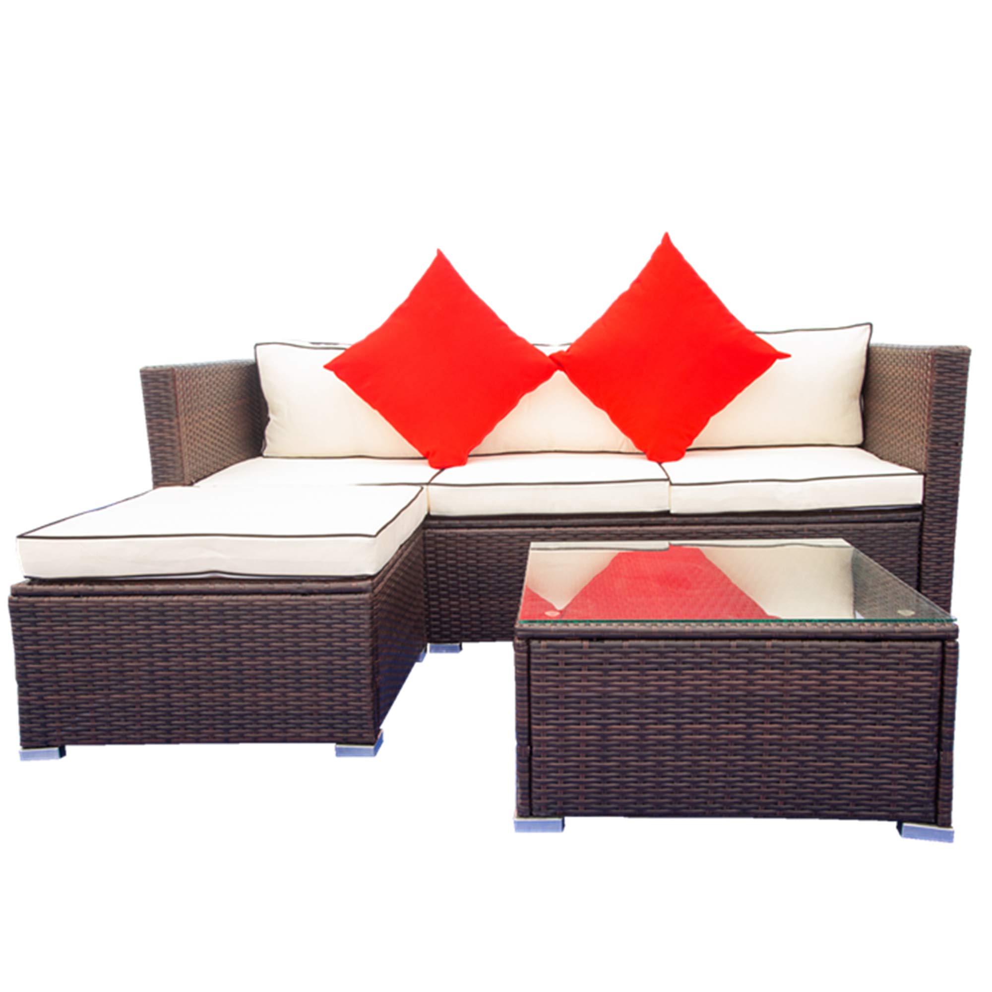 Patio Furniture Sectional Sets 3 Pieces - Outdoor Sectional Sofa Wicker Rattan Lawn Conversation Set Cushioned Garden Sofa with Glass Table (Beige)