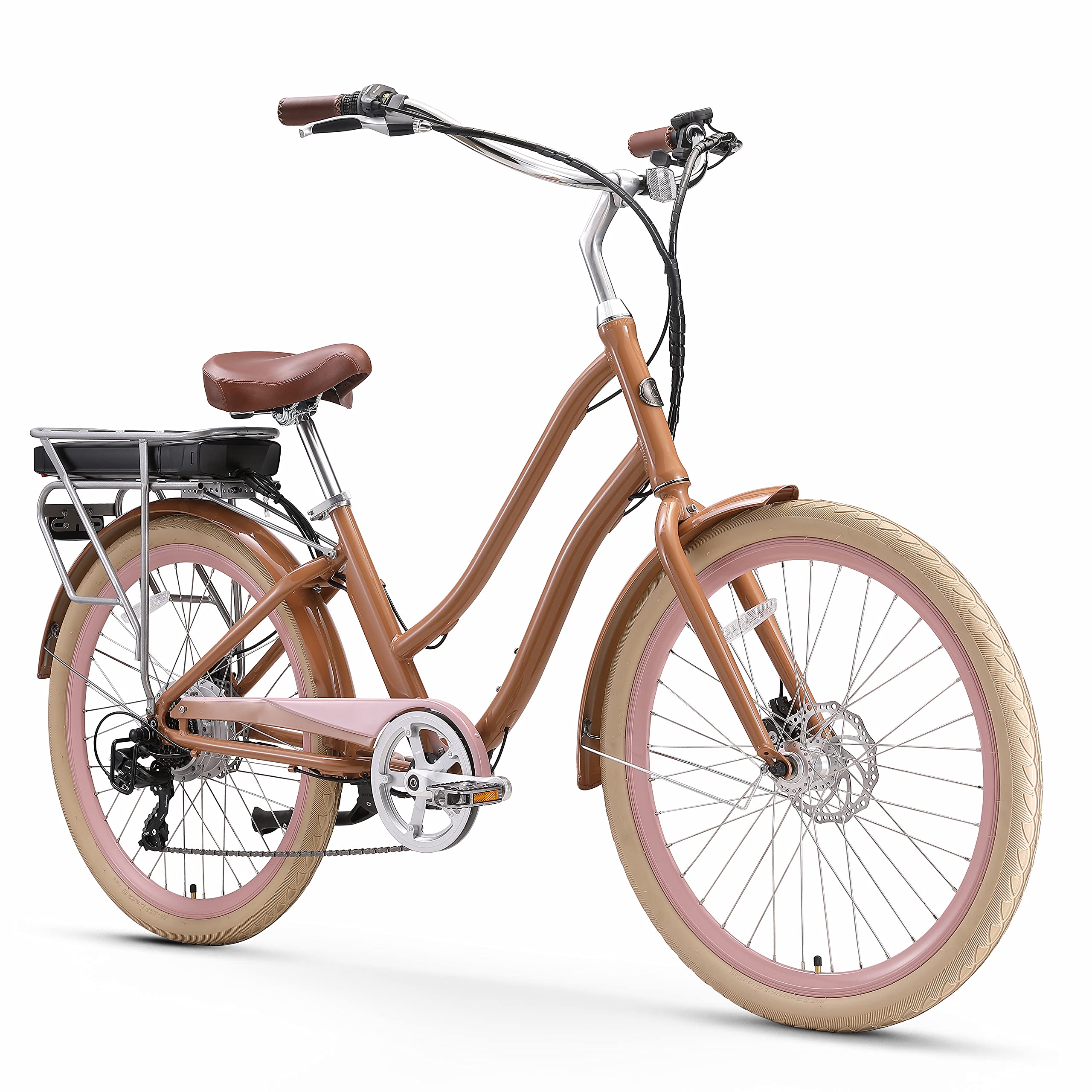 sixthreezero EVRYjourney Women's Electric Bike, 7-Speed Fat Tire Step Through Beach Cruiser eBike Bicycle, 500 Watt Motor, 26 Inch Wheels, Navy