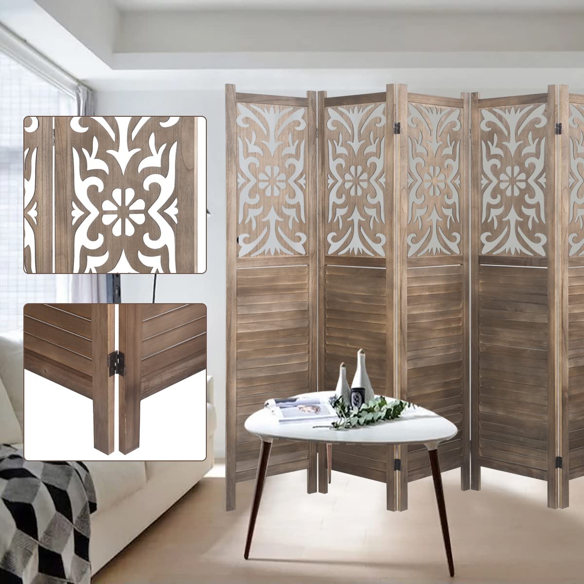 Rose Home Fashion RHF 5.6 ft. Tal Room Divider,Double Hinged, Folding Panel Screen, Floral Cut-Out Room Dividers and Folding Privacy Screens, Freestanding (6 Panel,Brown)