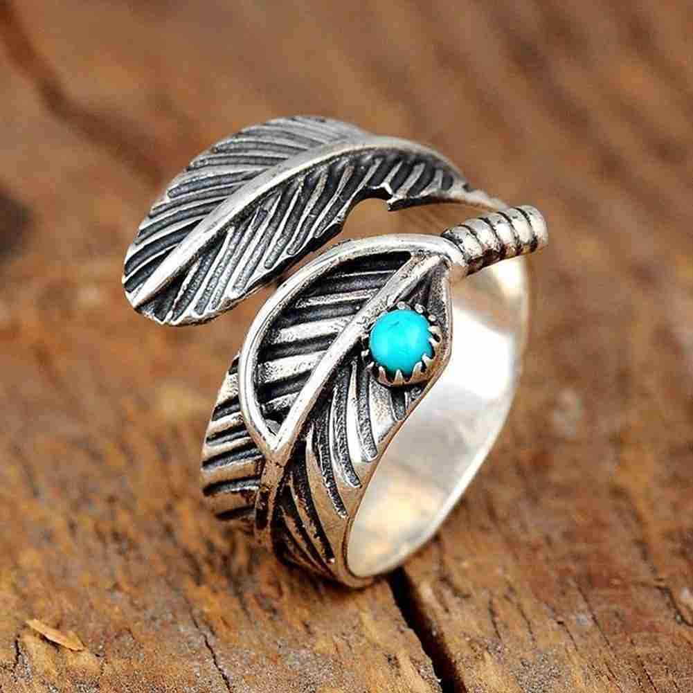 weeee Stainless Steel Feather Turquoise Ring Feather Boho Wide Nature Ring Adjustable Silver Turquoise Feather Ring for Women Men