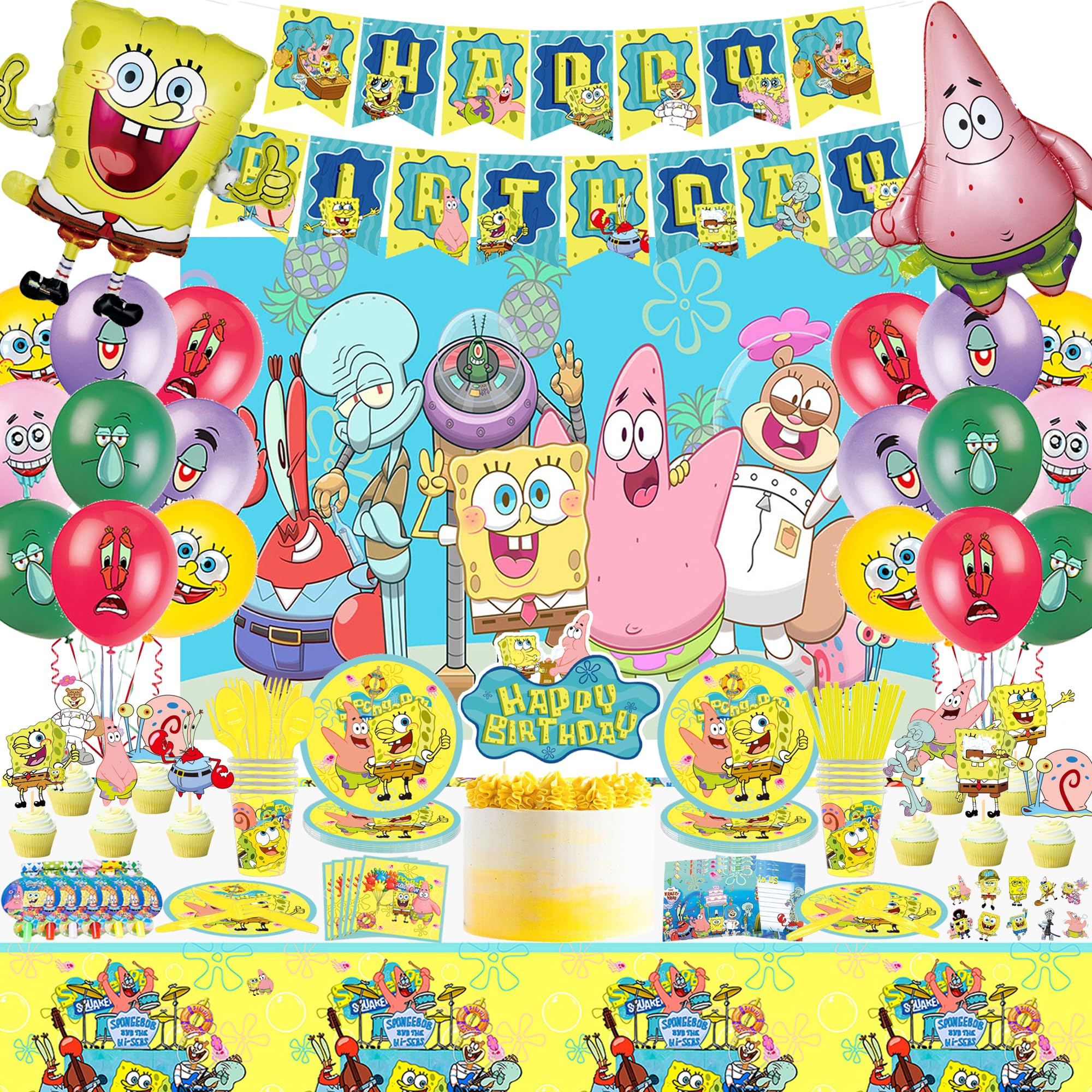 Sponge Theme Birthday Party Supplies, Birthday Decorations includes Happy Birthday Banner, Backdrop, Balloon, Cake Topper, Tableware, Napkins, Stickers