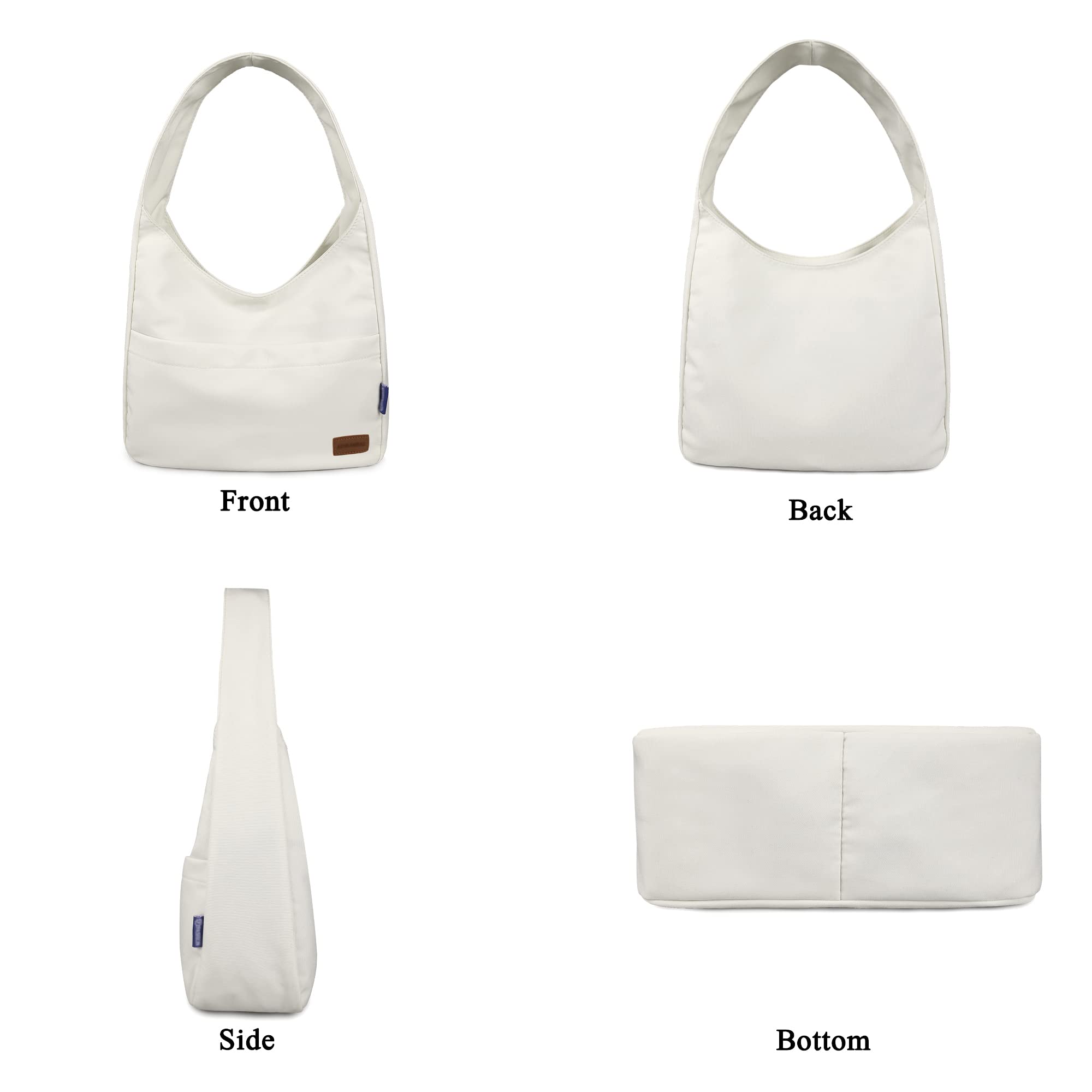 Women Nylon Tote Bag Large Hobo Handbag Casual Shoulder Bag with Pockets for Travel Work Shopping (White)