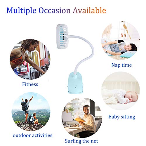 Portable Clip Fan,TANGCISON Adjustable Stroller Fan with 3 Speeds Flexible Bendable Mini USB Rechargeable 2000mAh Battery Quiet Cooling Desk Fan for Stroller,Desk,Office,Dormitory,Travel,Outdoor-Blue