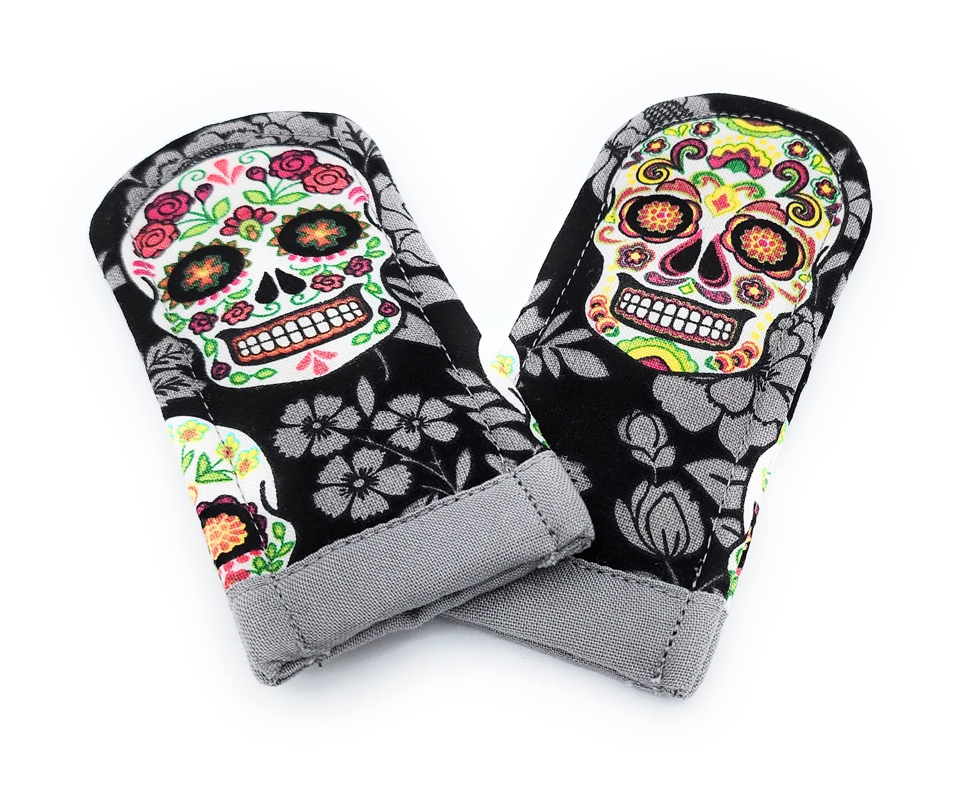 Sugar Skull Themed Pot Handle Holder Set of 2 Pair Cast Iron Skillet Pan Mitt Día de Muertos Kitchen Linens Day of the Dead Quilted Hot Pads Insulated Trivets Handmade
