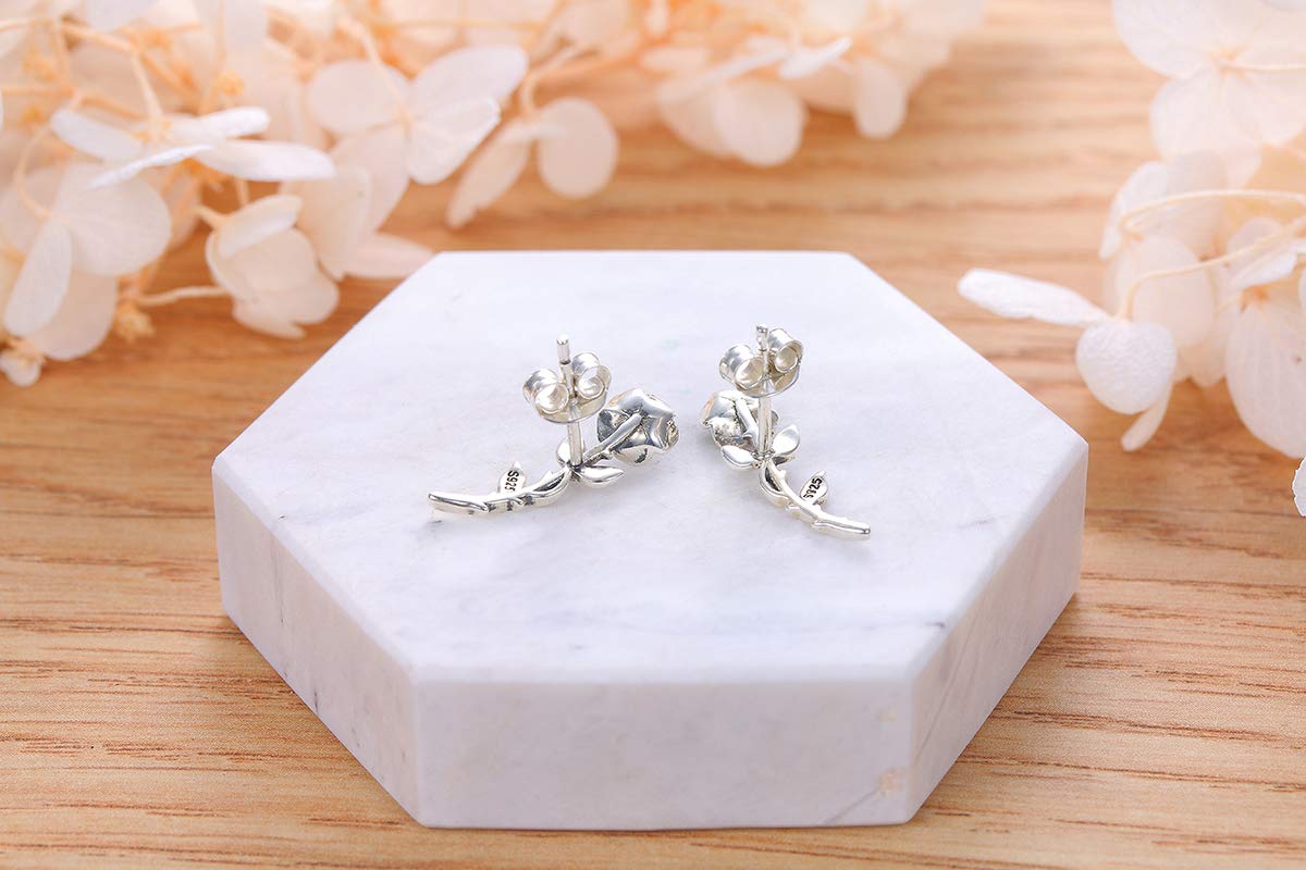 S925 Sterling Silver Rose Flower Clip Stud Ear Cuffs Crawler Climber Earrings for Women Teen