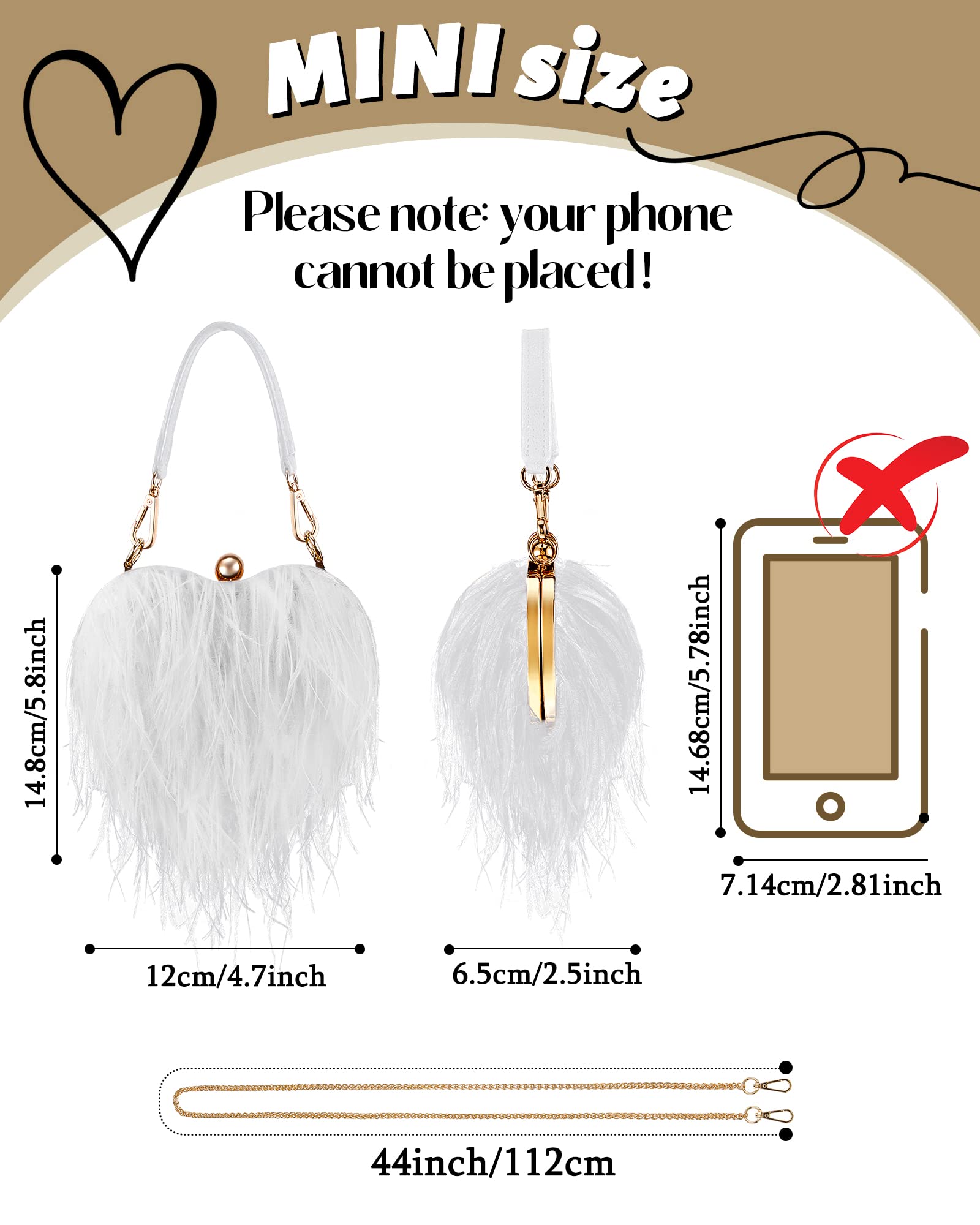 Women Ostrich Feather Tote Bag Heart Shaped Fluffy Purse Clutch Feather Purse Feather Evening Handbag for Wedding Party(White)