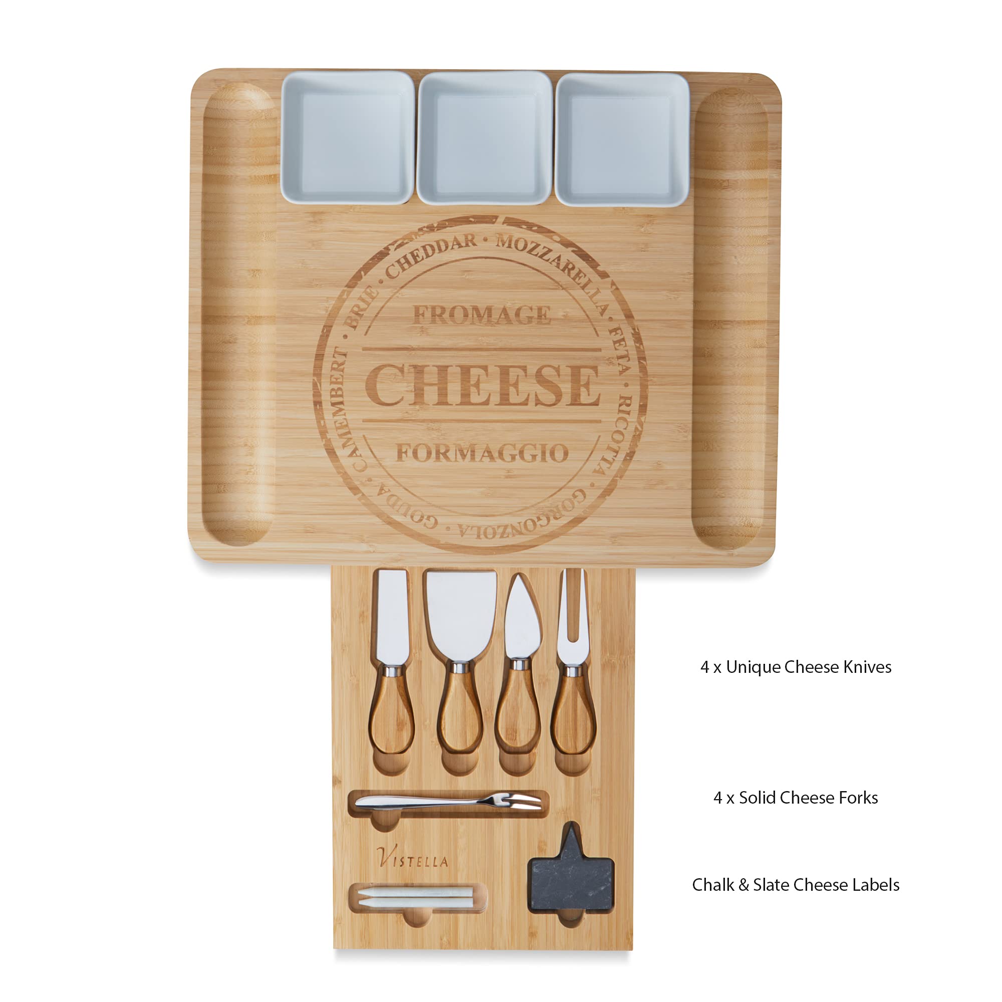 Vistella Charcuterie Cheese Board - Natural Bamboo Platter with drawer and Ceramic Bowls - Knives and Forks Set with Chalk Signs - Thicker Wider and Modern