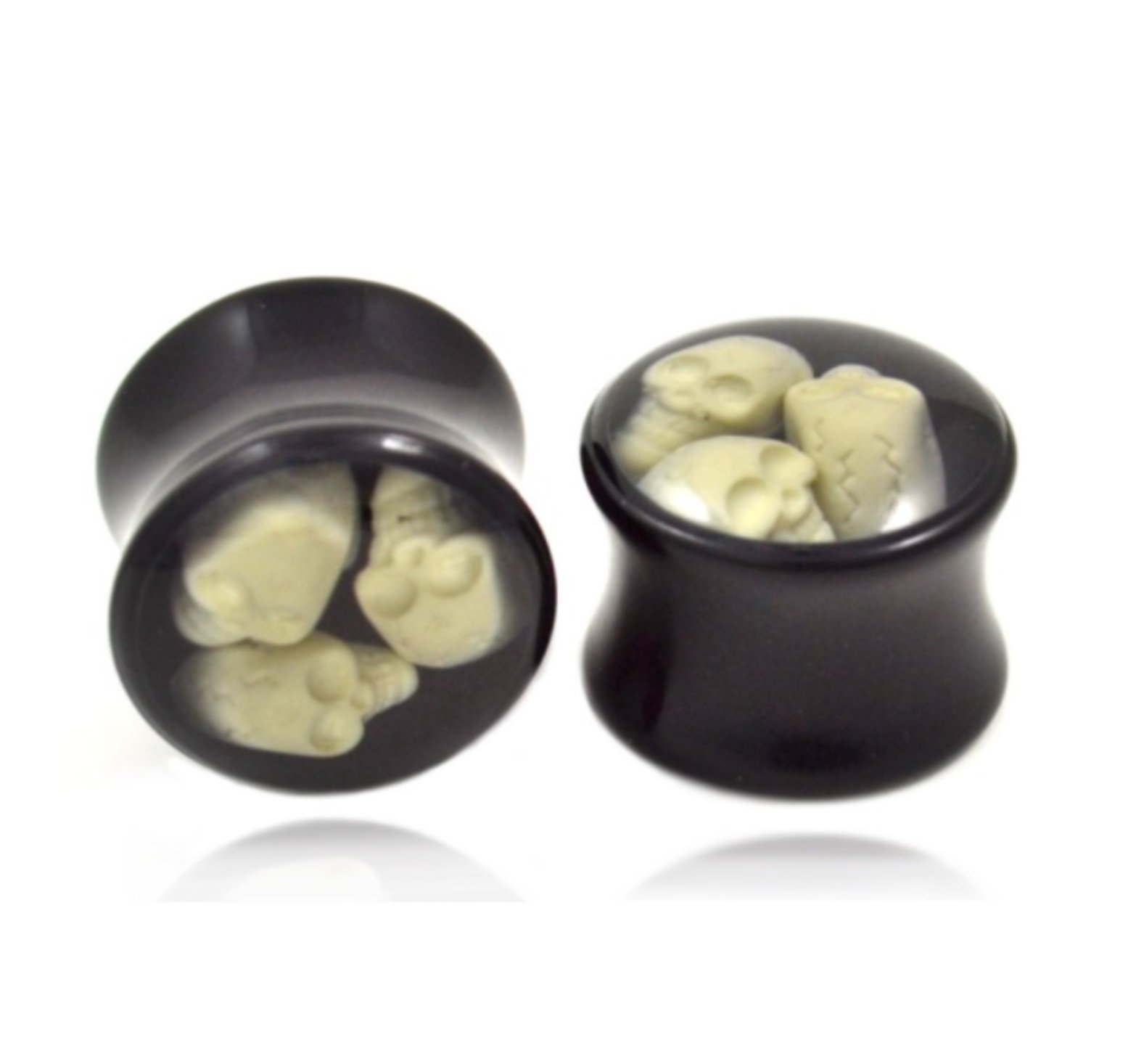 Pair (2) Three White Skulls Ear Plugs Spooky Black Acrylic Saddle Gauges - 11/16" 18MM