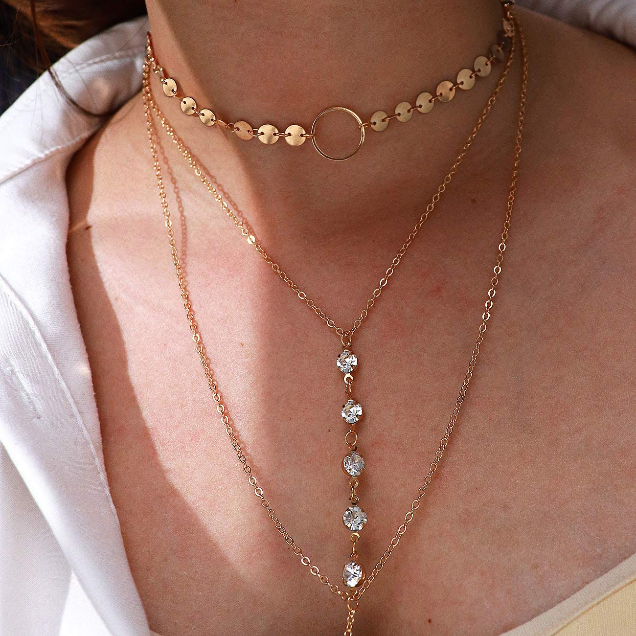 Suyi Stylish Layered Sequins Choker Necklace with Thin Long Chain Pendant for Women Lady (Crystal Gold)