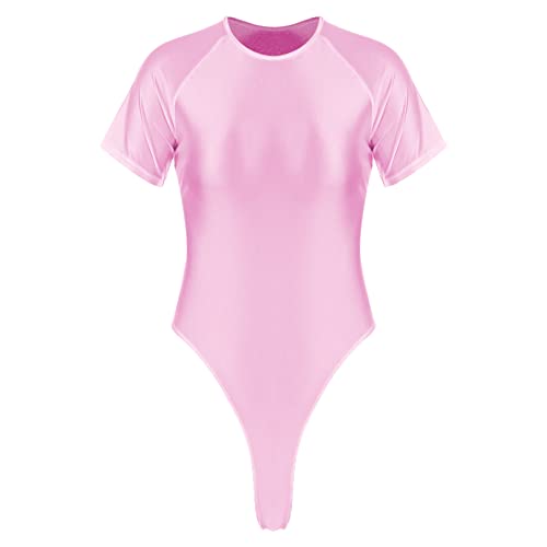 YiZYiF Women's 70D Oil Glossy Thong Bodysuit Short Sleeve High Cut Leg Thong Backless Leotards Pink Medium