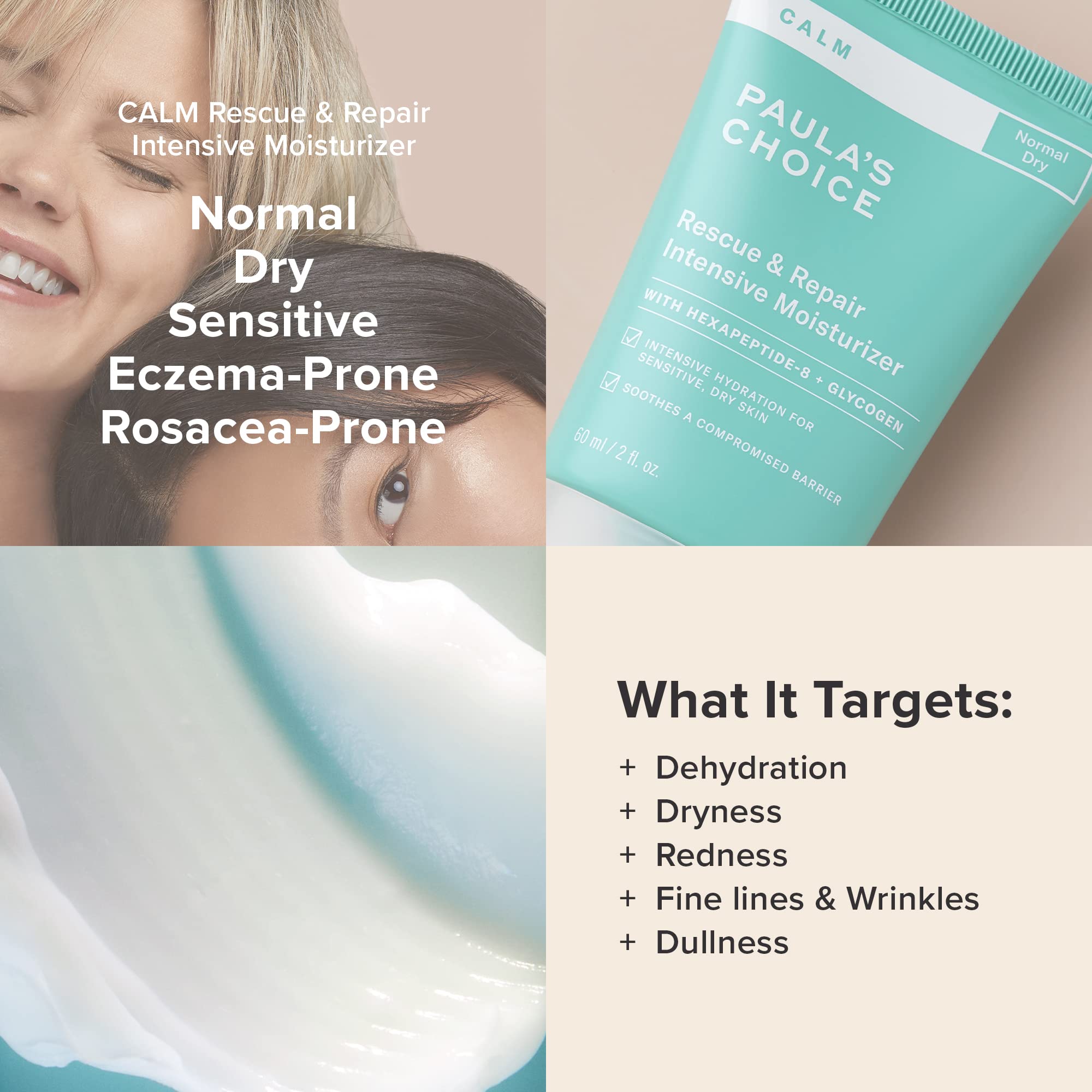 Paula's Choice CALM Intensive Moisturizer for Dry + Sensitive Skin, Calms + Soothes Redness, Suitable for Rosacea-Prone & Eczema-Prone Skin, Fragrance-Free & Paraben-Free, 2 Fl Oz.