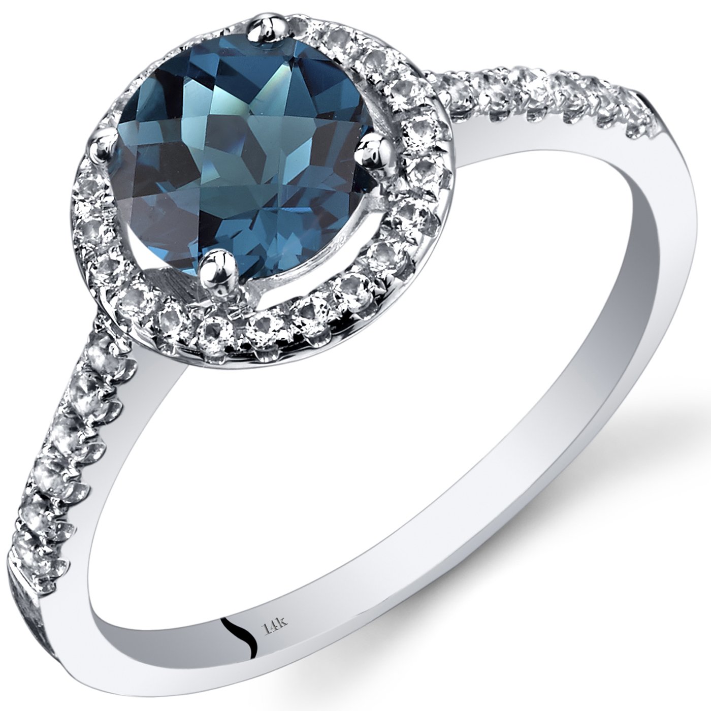 PEORA London Blue Topaz Ring for Women 14K White Gold with White Topaz, Genuine Gemstone Birthstone, 1.25 Carats Round Shape 6.5mm, Halo Design, Size 5