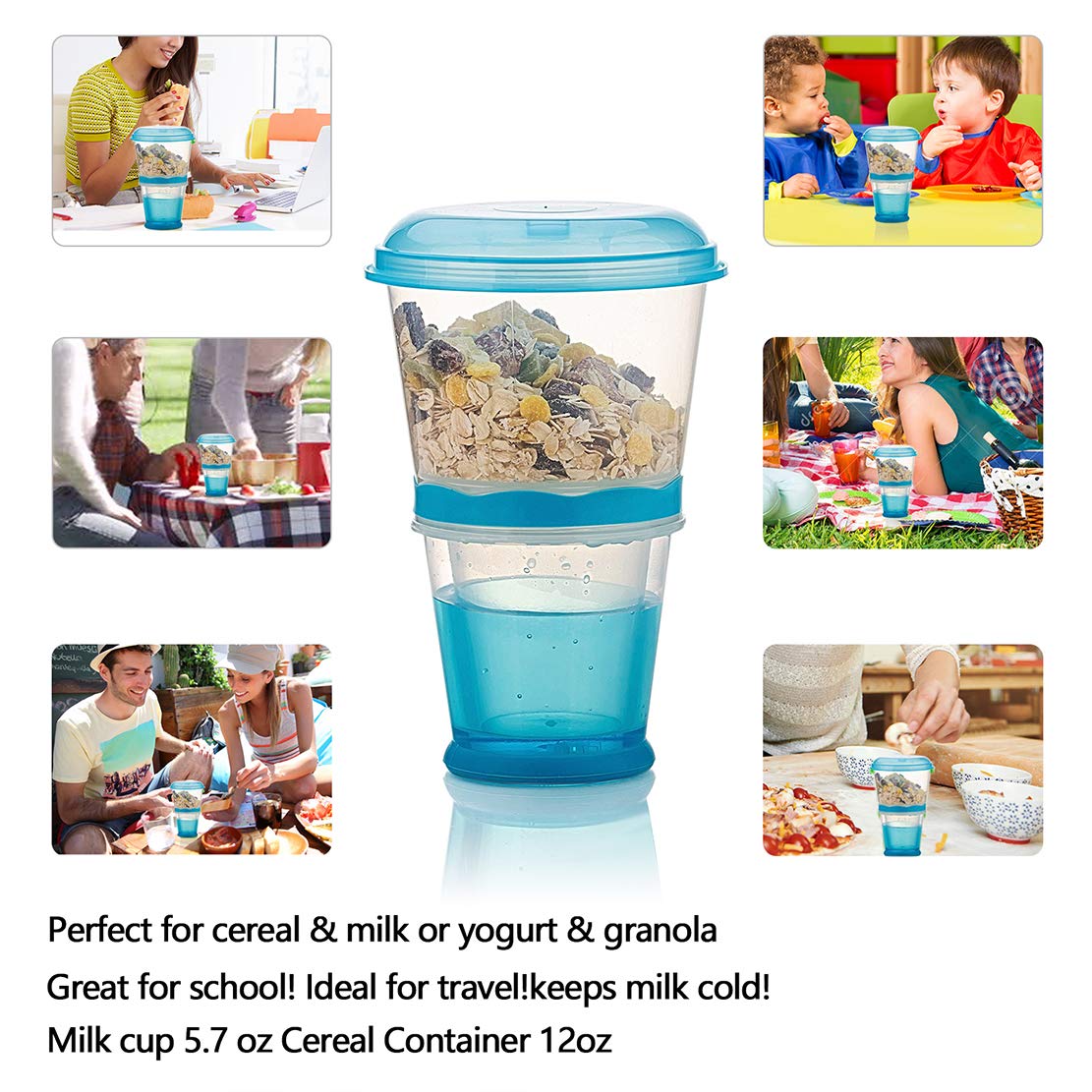 UTOWO Cereal On the Go Cups Travel-To-Go-Food-Containers Storage with Spoon Breakfast Drink-Cups-Portable (Blue)