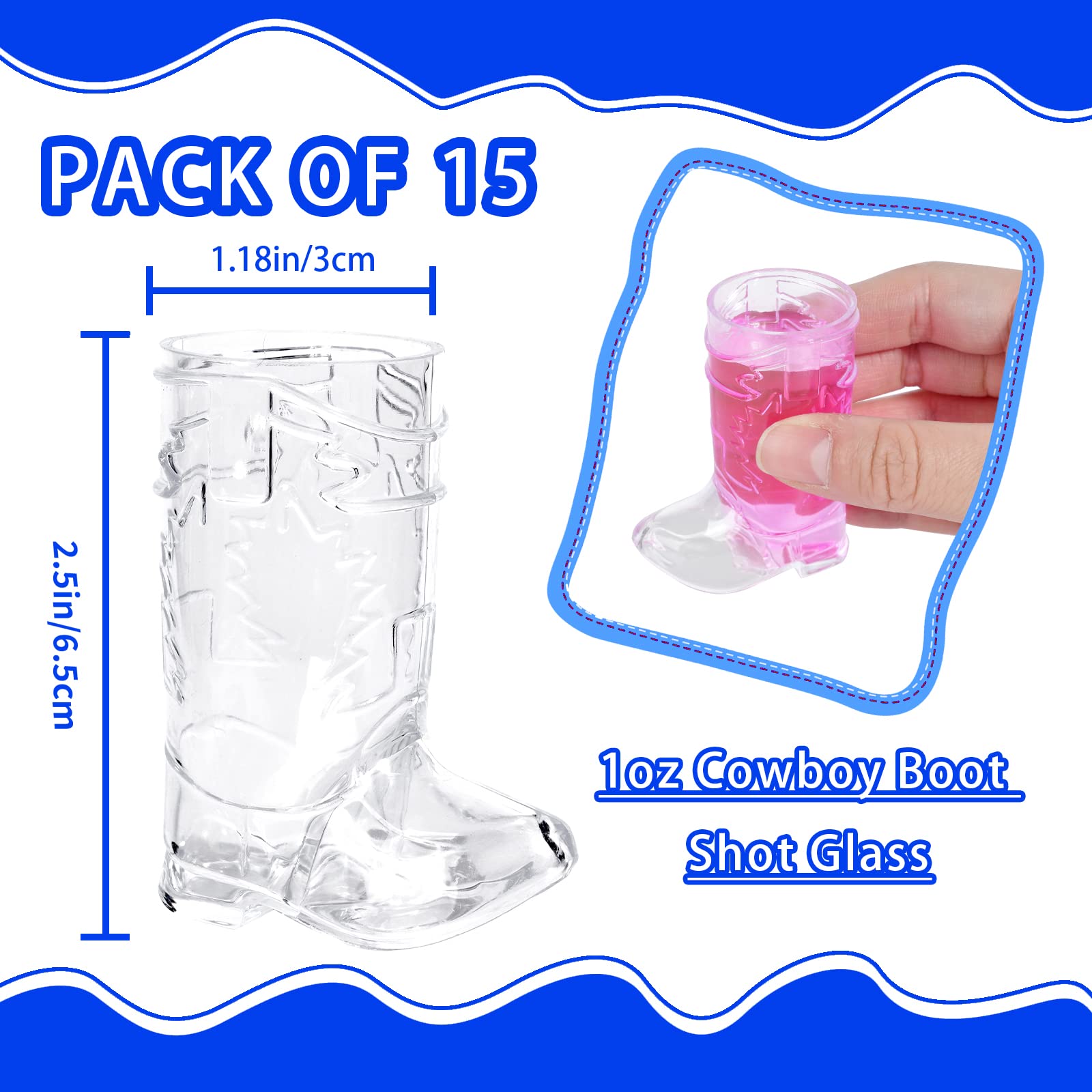 SHAOQINLIN Cowboy Boot Shot Glasses, 15 Pcs 1 oz Mini Plastic Boot Cups, Clear Pattern Beer Boot Mugs Western Cowboy Cowgirl Theme Party Supplies