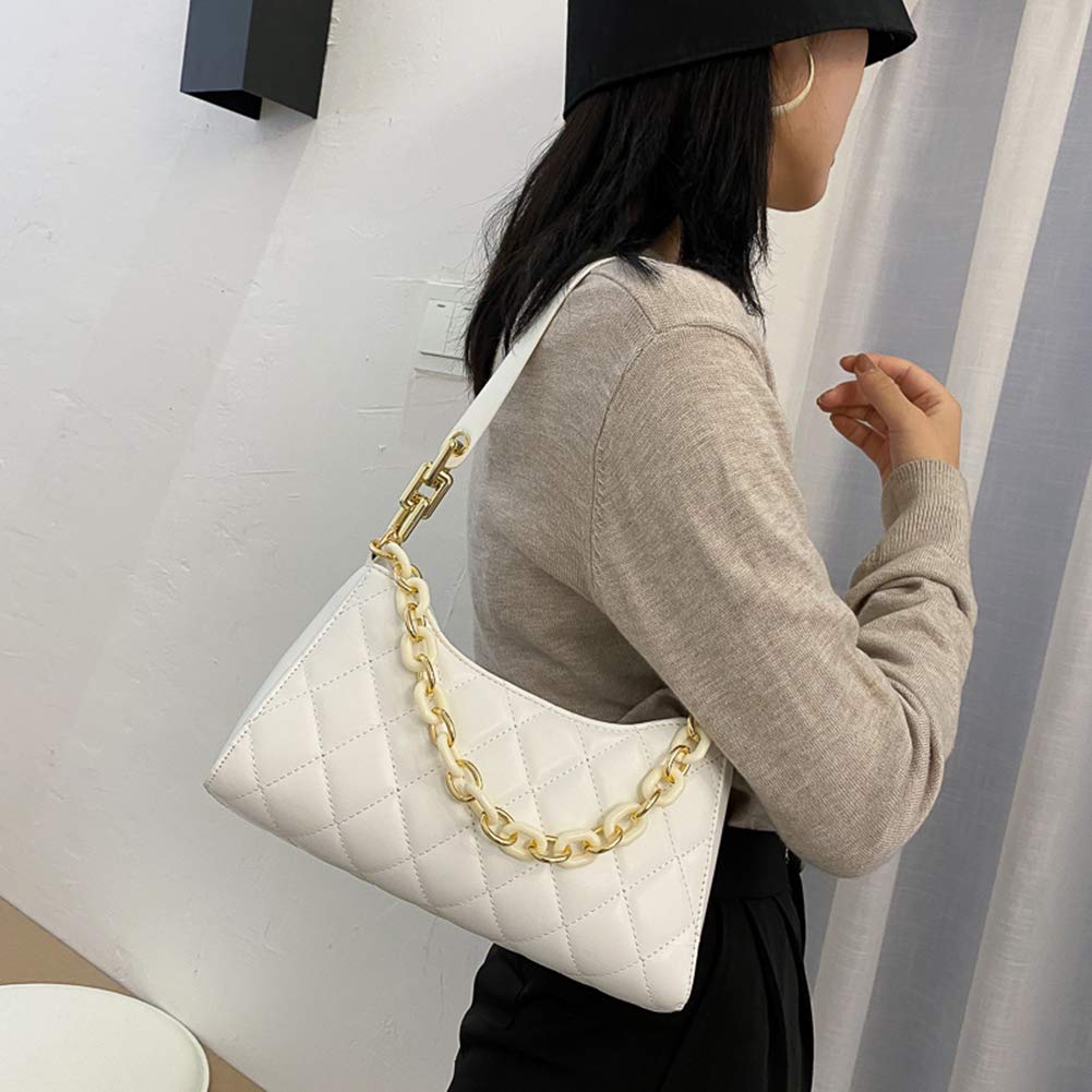 Women Chain Handbags Solid Lattice Pattern Travel Simple Shoulder Underarm Bag, White, 21 x 18 x 5cm