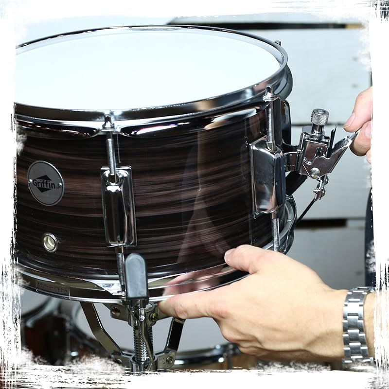 Popcorn Snare Drum by GRIFFIN | Firecracker Acoustic 10" x 6" Poplar Shell with Zebra Wood PVC | Soprano Mini Concert Marching Percussion Musical Instrument with Snare Throw Off, Drummers Key & Head