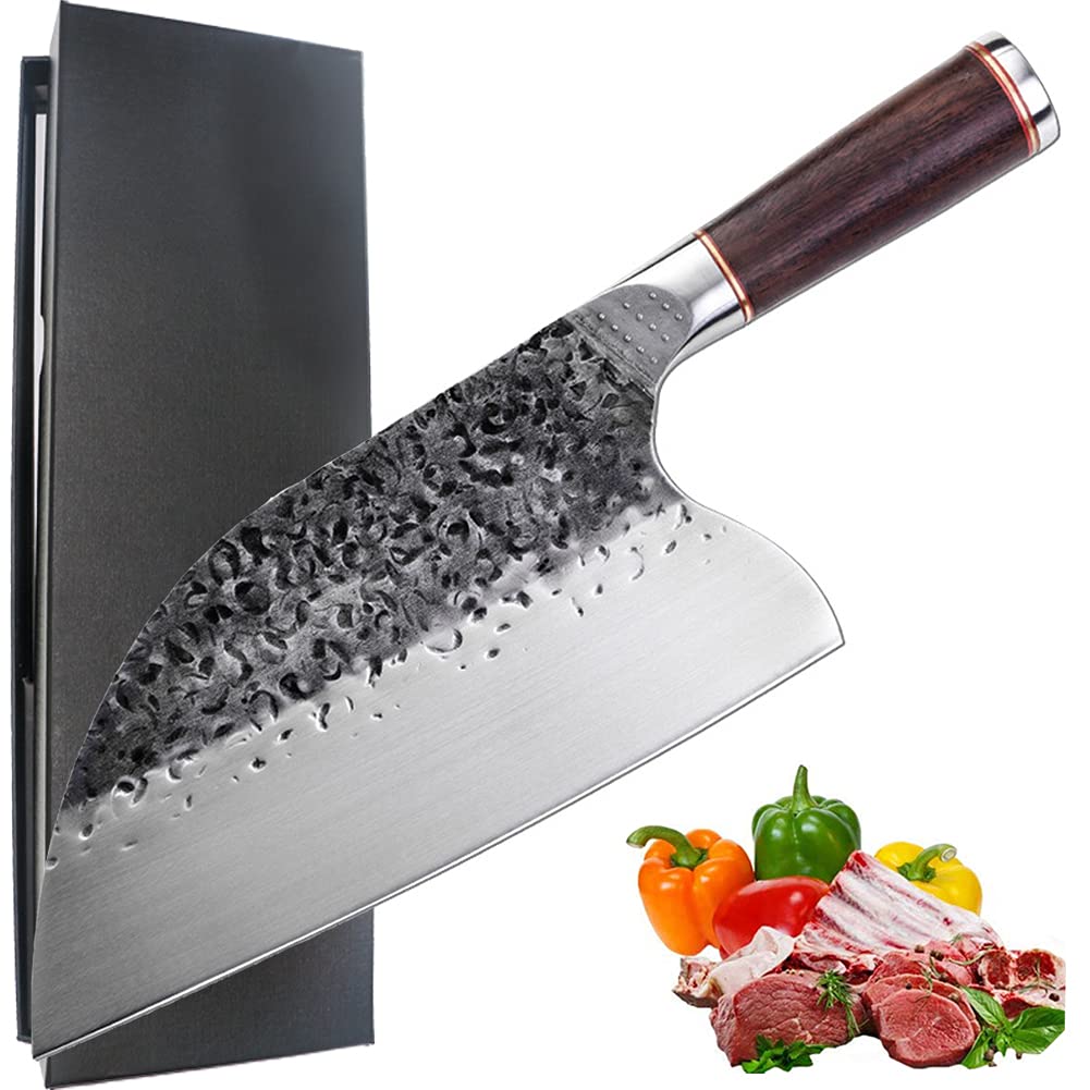 Promithi Japanese High Carbon Steel Forging Handmade Kitchen Chef Knife with Sheath, Used for Cleaver Butcher Chopper Boning, Documas Plaid,Wooden Handle (brown)