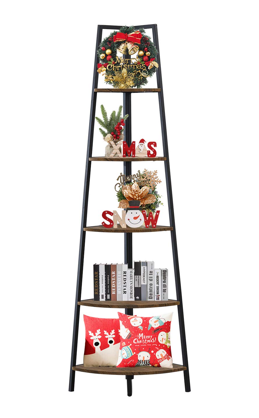 O&K FURNITURE Industrial Tall Corner Bookshelf, 5 Tier Corner Display Unit Shelves, Brown Finish