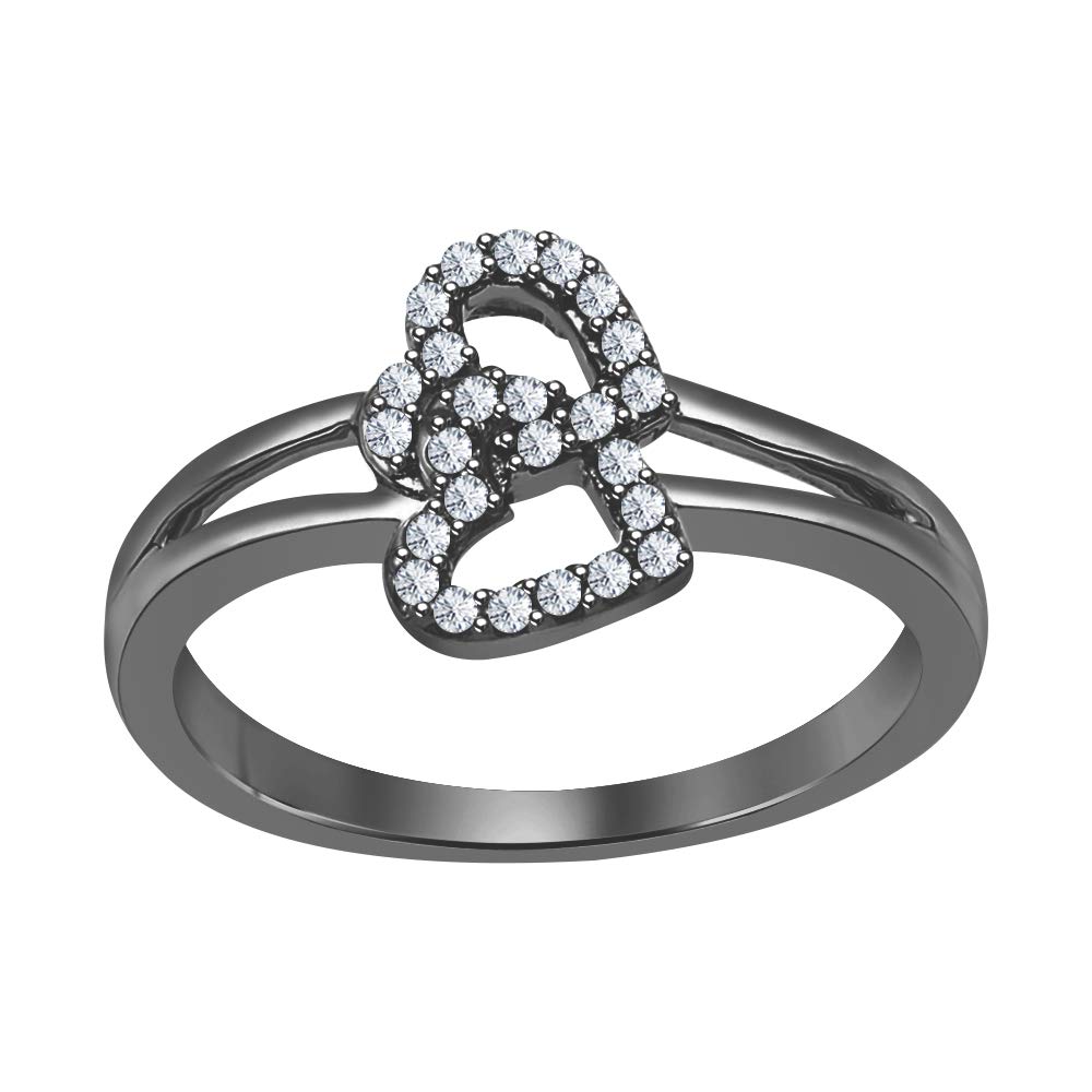 SVC-JEWELS 0.30Ct Round Cubic Zirconia 14K Black Gold Sterling Silver Double Heart Ring For Women's (7.5)