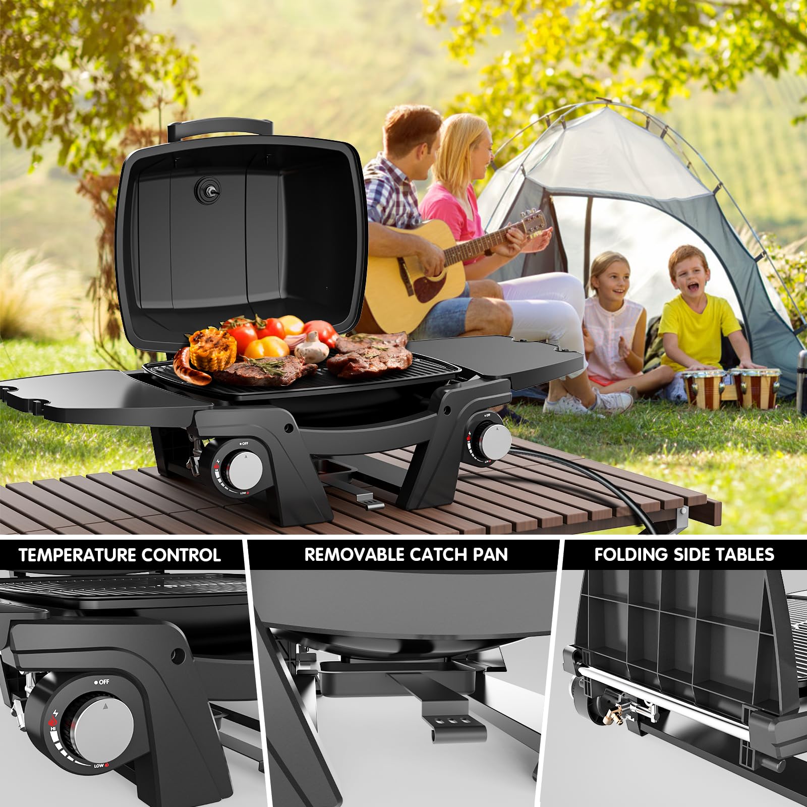 Propane Gas Grill with 2 Burner, Portable Outdoor Tabletop Camping Grill BBQ with Folding Sides, 24000 BTU, Gas Hose, Built in Thermometer, Black