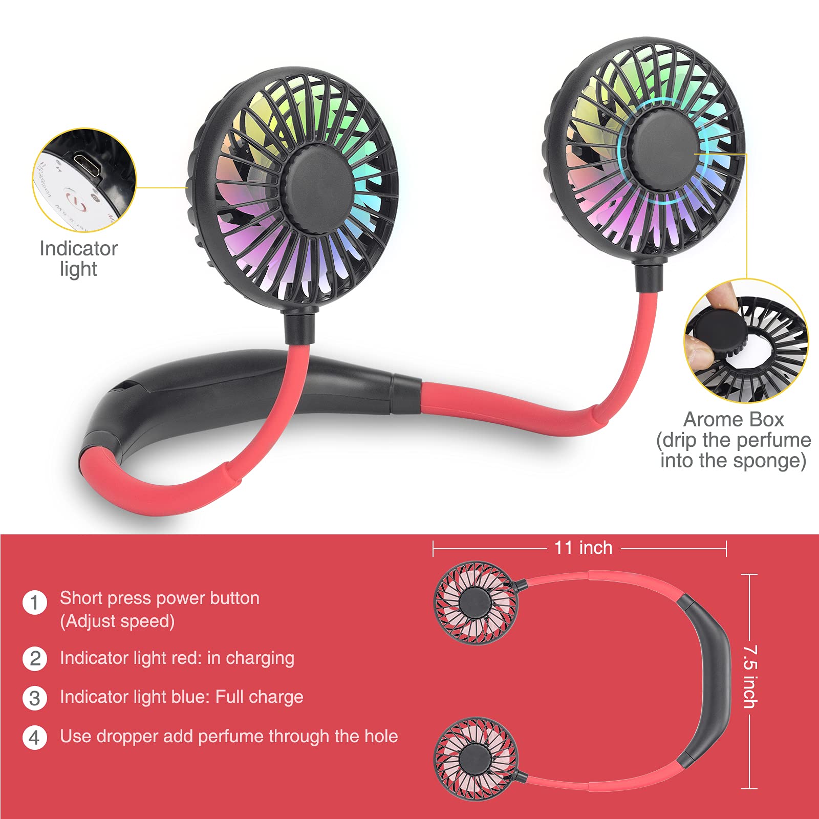 Portable Neck Fan, Wearable Personal Fan with 3 Speed Air Flow, Rechargeable USB Fan with Aromatherapy & Led Light, Hands Free Fan for Summer Cooling