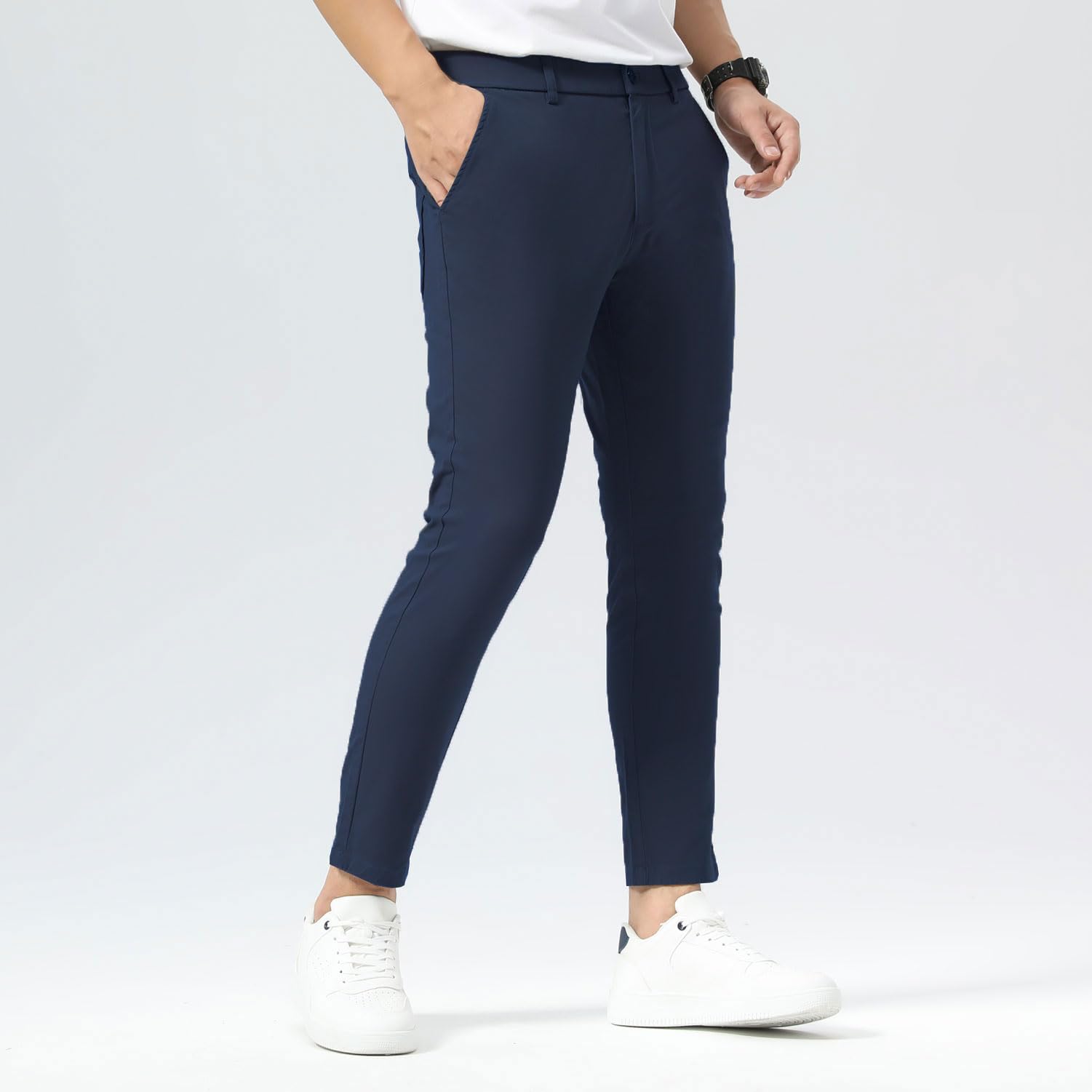 Plaid&Plain Men's Slim Fit Khaki Pants Stretch Cropped Chino Skinny Pants 130201 Navy Blue 34