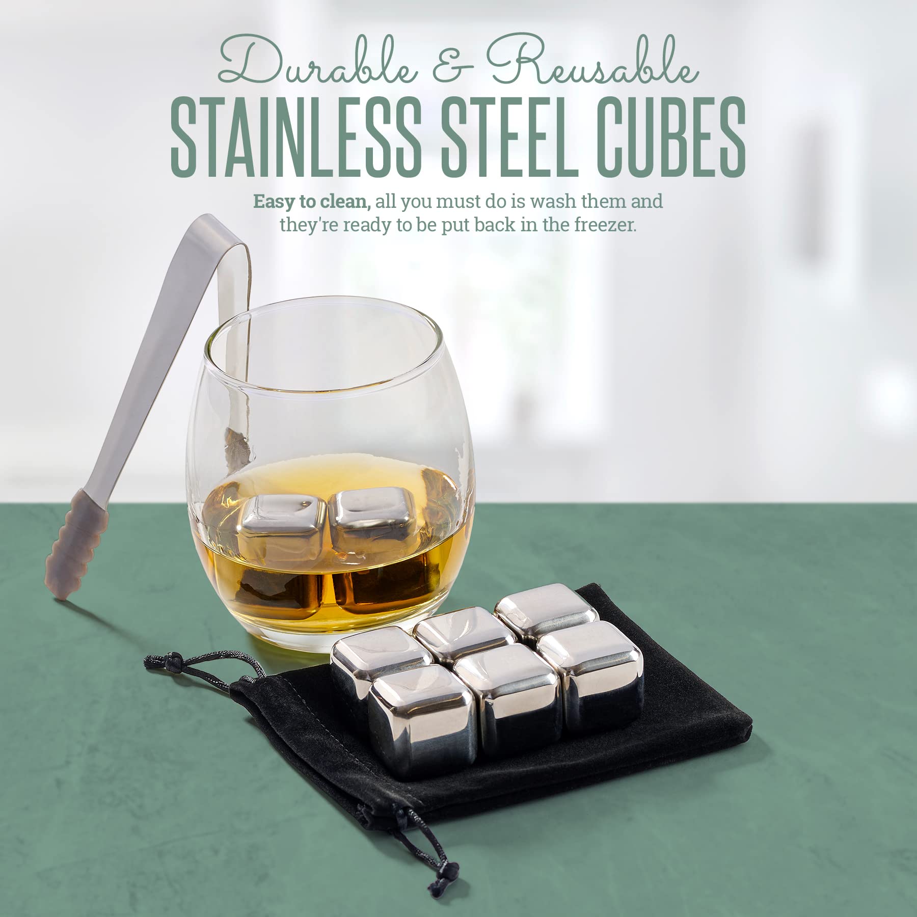 Whiskey Stone Gift Set - 8 Pieces Stainless Steel Cubes in Wooden Barrel Box Display Includes Reusable Stones, Felt Bag & Tongs - Keep Drinks Cold for Scotch, Beer, Wine, Cocktails for Women & Men