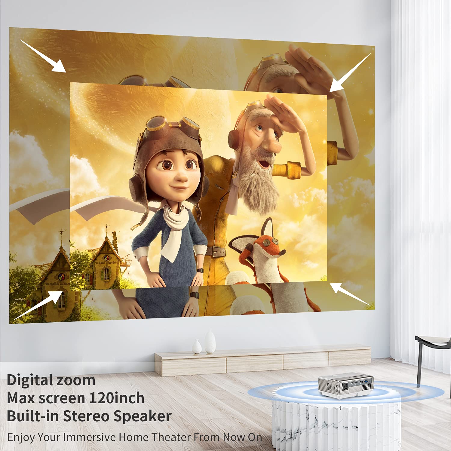 Portable Projector 1080P Support Mini WIFI Projector with Bluetooth Wireless Smart Projector Android 7.1 OS LCD Projector for Home Theater Outdoor movie Gaming Playing