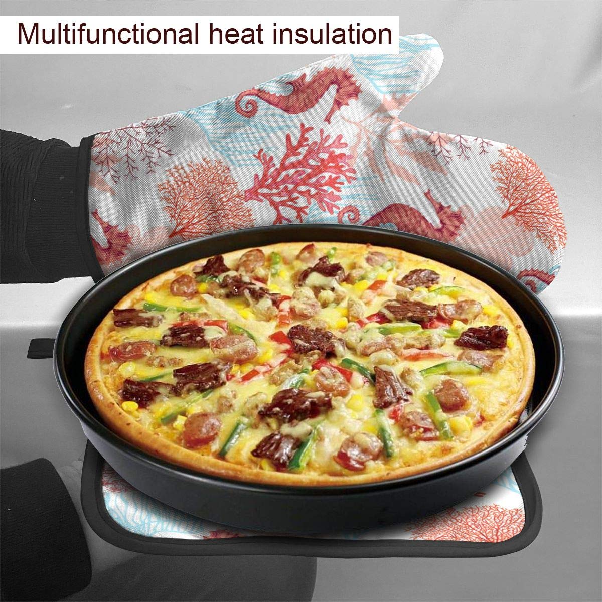 VunKo Sea Horse Oven Mitts and Pot Holders Sets Heat Resistant Coral Oven Gloves with Non-Slip Surface for Safe BBQ Cooking Baking Grilling Set of 2