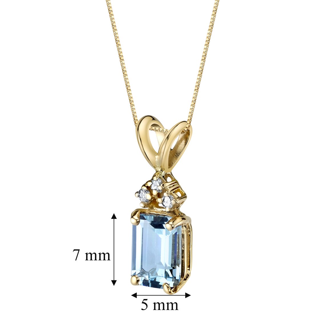 PEORA Solid 14K Yellow Gold Aquamarine and Diamonds Pendant for Women, Genuine Gemstone Birthstone Solitaire, Emerald Cut, 7x5mm