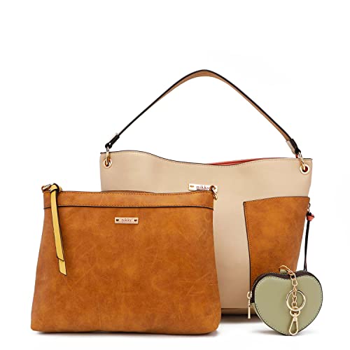Nicole Lee Nikky Izzy 3 Piece Set with Large Shoulder Bag, Zip Crossbody, Mini Heart Coin Purse Keychain (Beige)