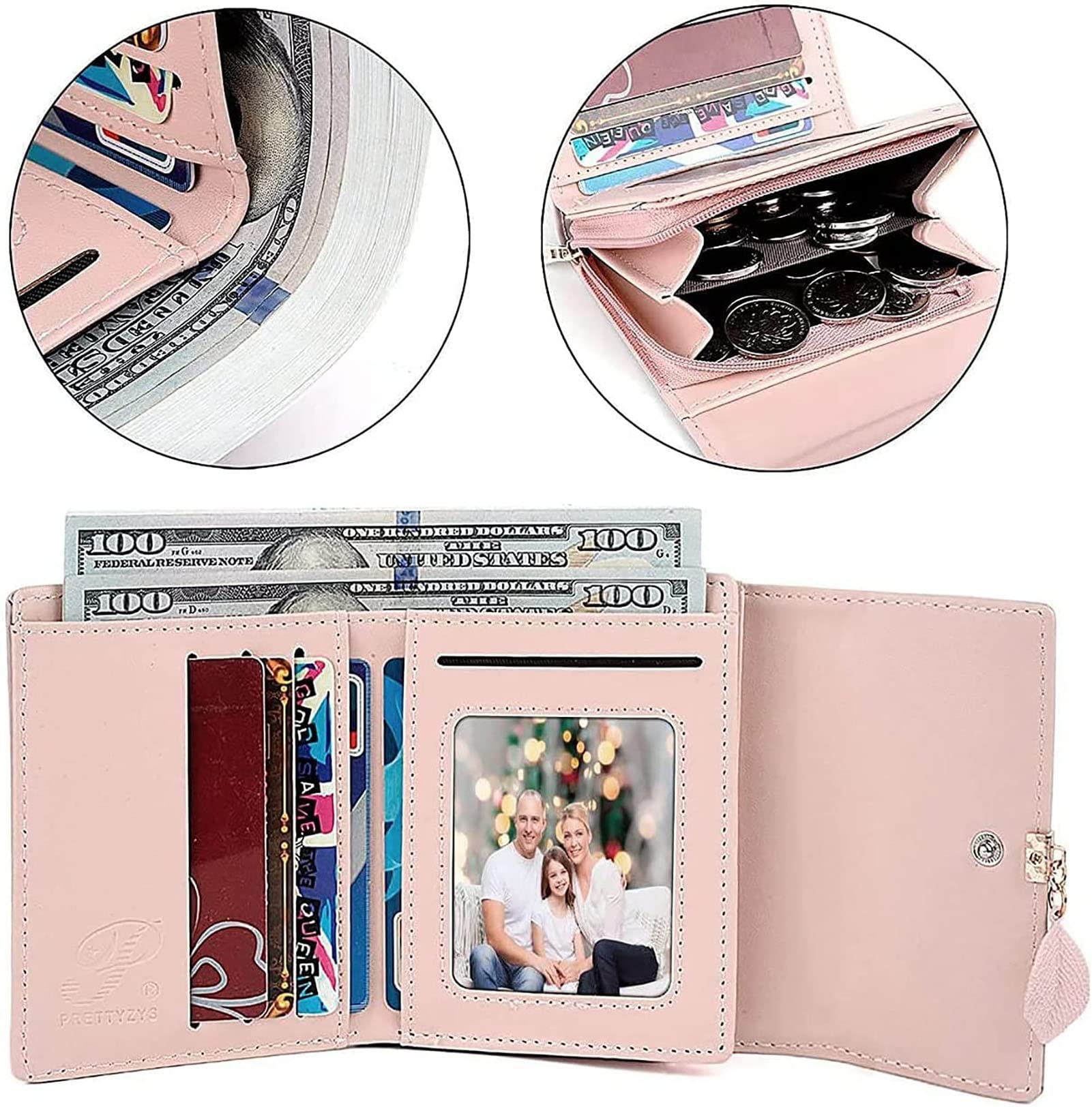 YLFERIF Small Wallet Women Leaf Pendant Womens Wallet Trifold Thin Wallet for Women Coins Zipper Pocket With ID Window Small Size Grey (Pink)