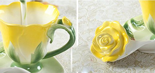 YBK Tech Creative 3D Rose Bone China Ceramic Coffee Mugs Afternoon Tea Cup and Saucer Set (Yellow)